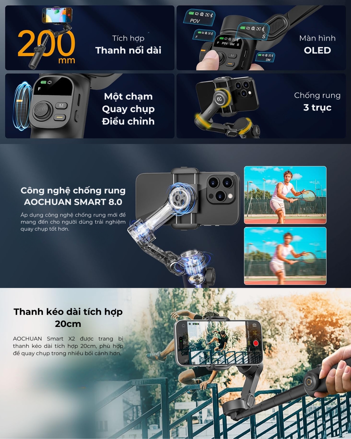 Gimbal điện thoại chống rung nâng câp 2025 Aochuan SMART X2, gimbal 360 hỗ trợ quay video chuyên ...
