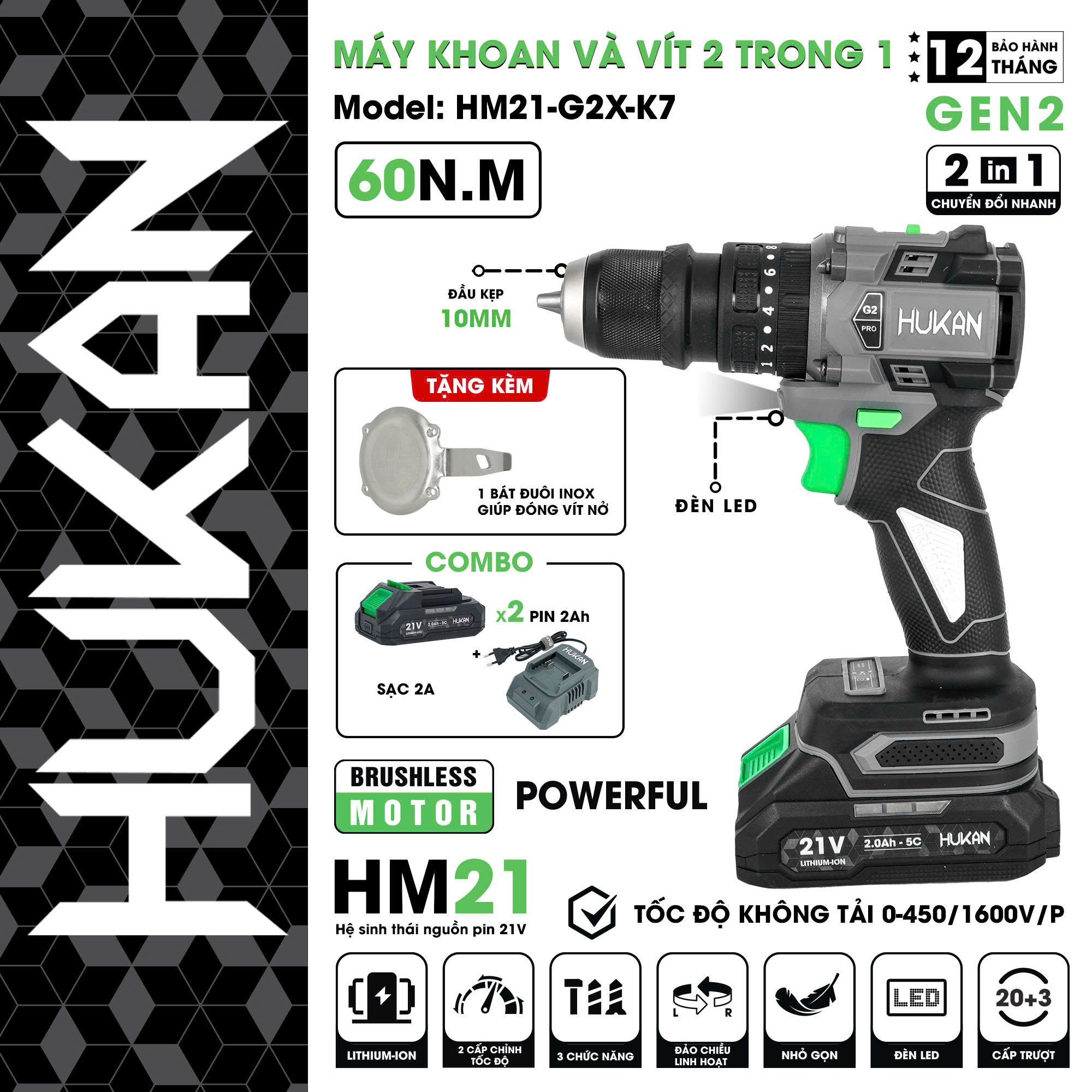 Máy Khoan Cầm Tay Pin HUKAN HM21-G2X-K7, 3 Chức Năng - 60Nm - Tặng Kèm Nắp Lưng Inox | Shopee ...
