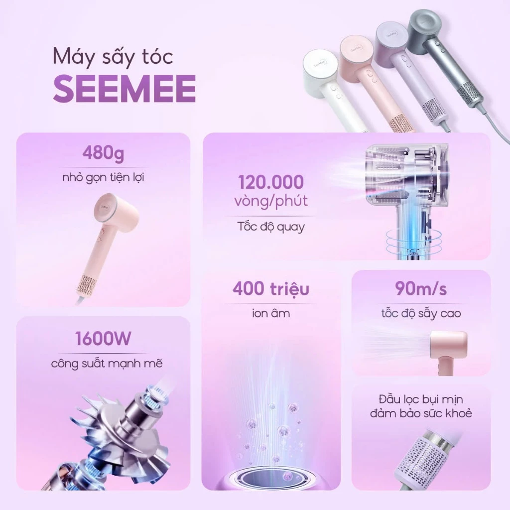 [Võ Hà Linh x Smilee] Máy sấy tóc ion âm Seemee tốc độ cao giúp tóc khô nhanh, bảo vệ tóc giúp ...