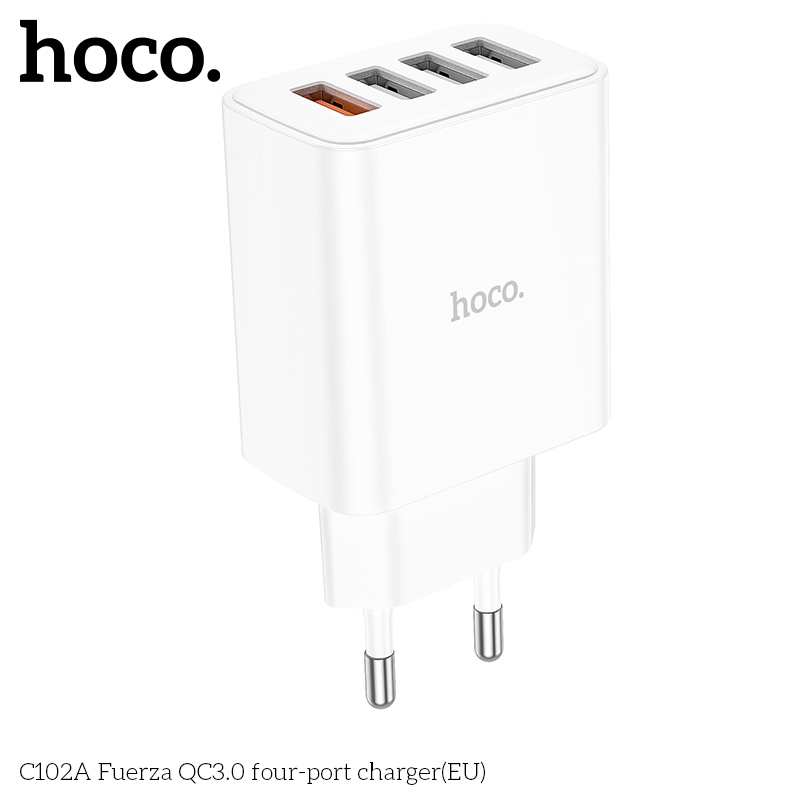 Củ sạc nhanh QC3.0 Hoco C102A có 4 cổng USB, chân cắm tròn tiện lợi. | Shopee Việt Nam