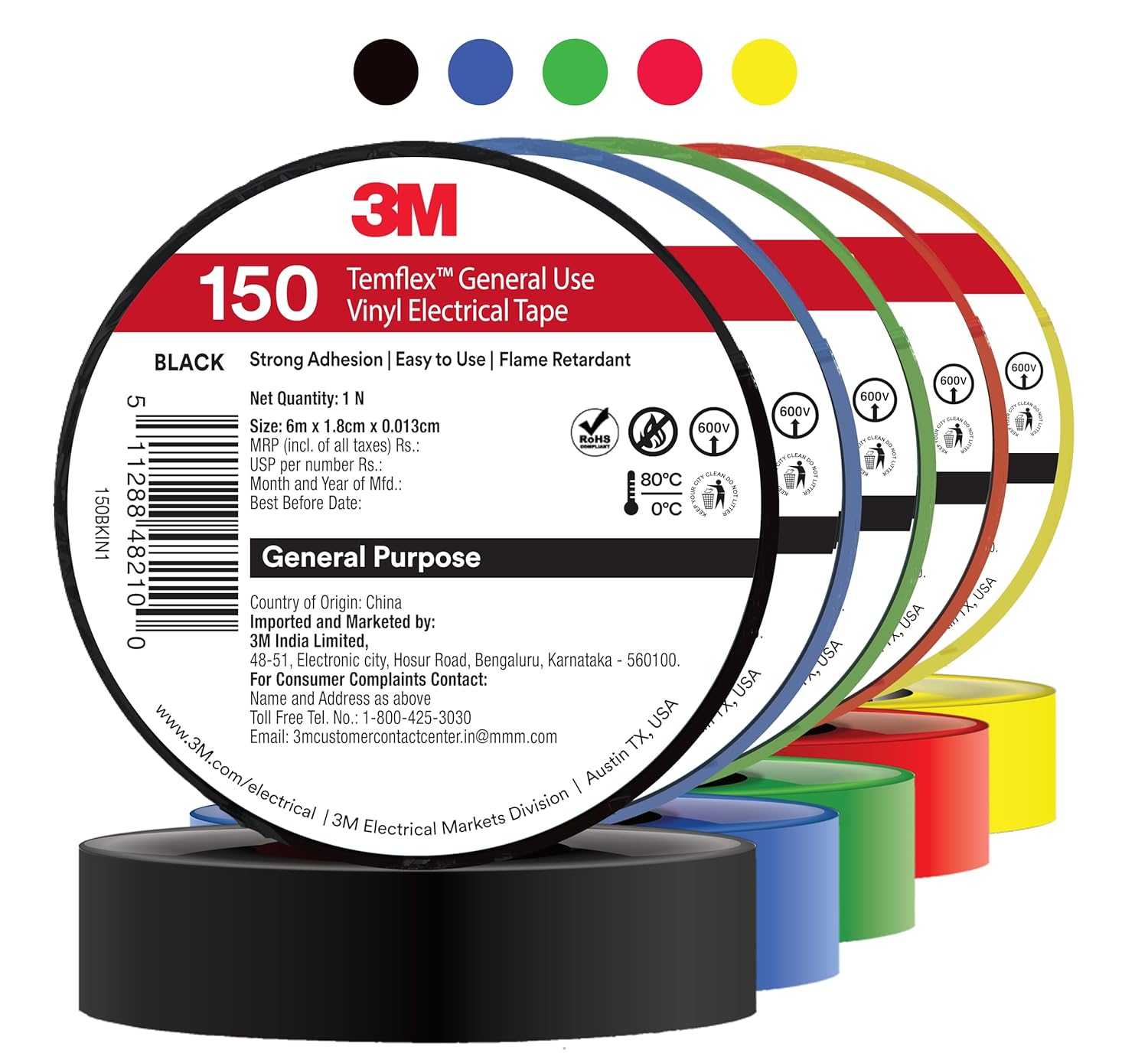 10 cuộn băng keo điện PVC 3M Temflex 150 18mm x 20m 3M-BK150 - Chống cháy, cách điện tốt, chịu ...