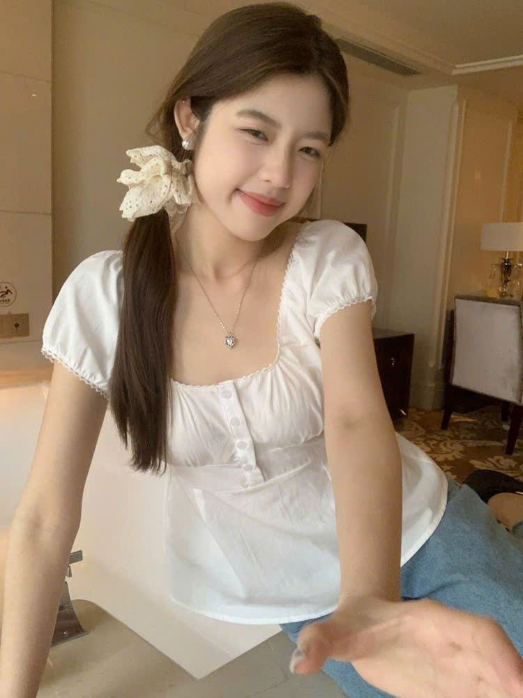 Áo Kiểu Nữ Dáng Suông Tay Bồng Phối Cúc Mùa Hè Kimee - KA524 | Shopee ...