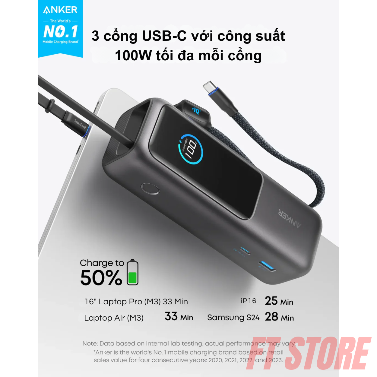 Pin dự phòng Anker Zolo Power Bank 25000mAh A1695 công suất 165W, cáp USB-C tích hợp có thể thu ...