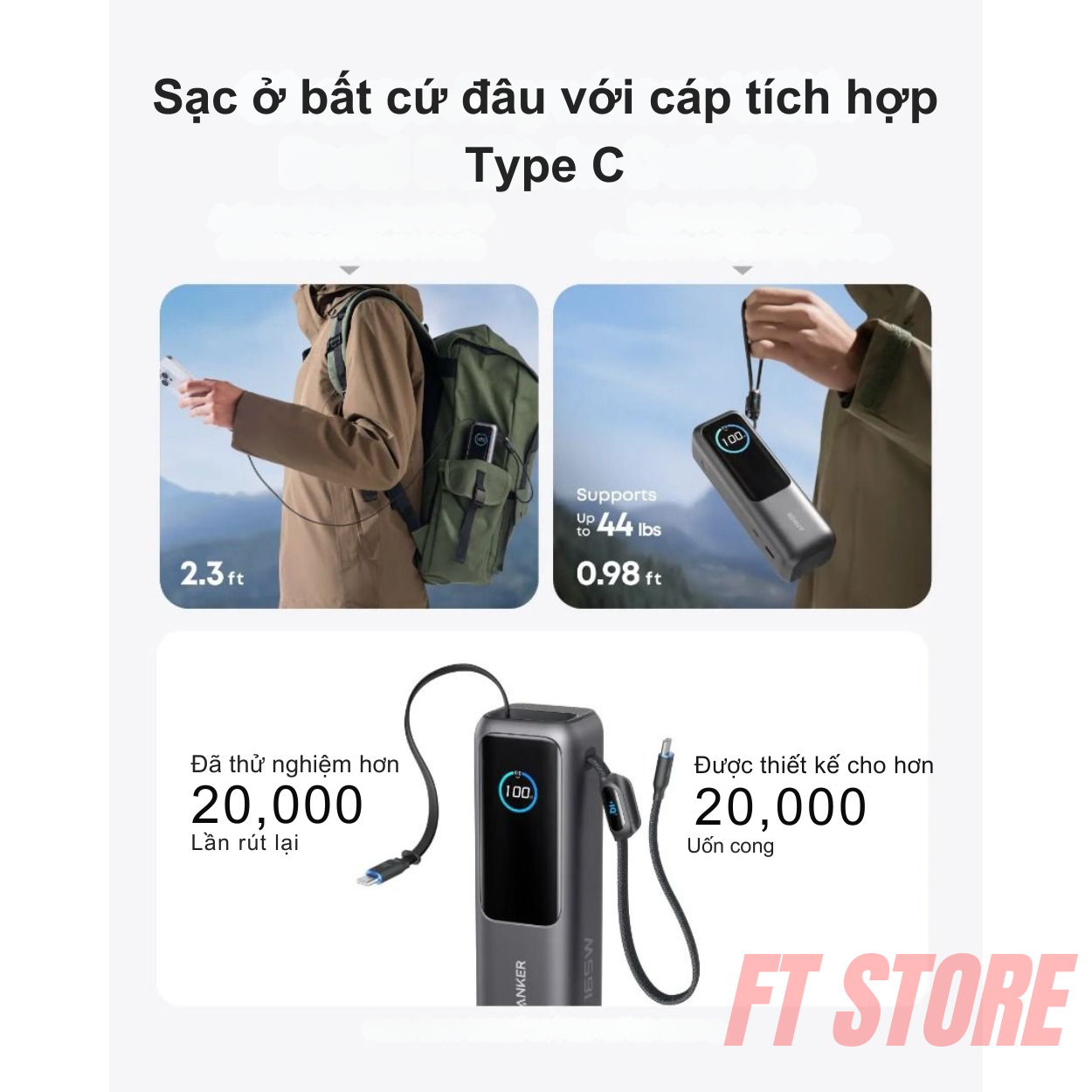 Pin dự phòng Anker Zolo Power Bank 25000mAh A1695 công suất 165W, cáp USB-C tích hợp có thể thu ...