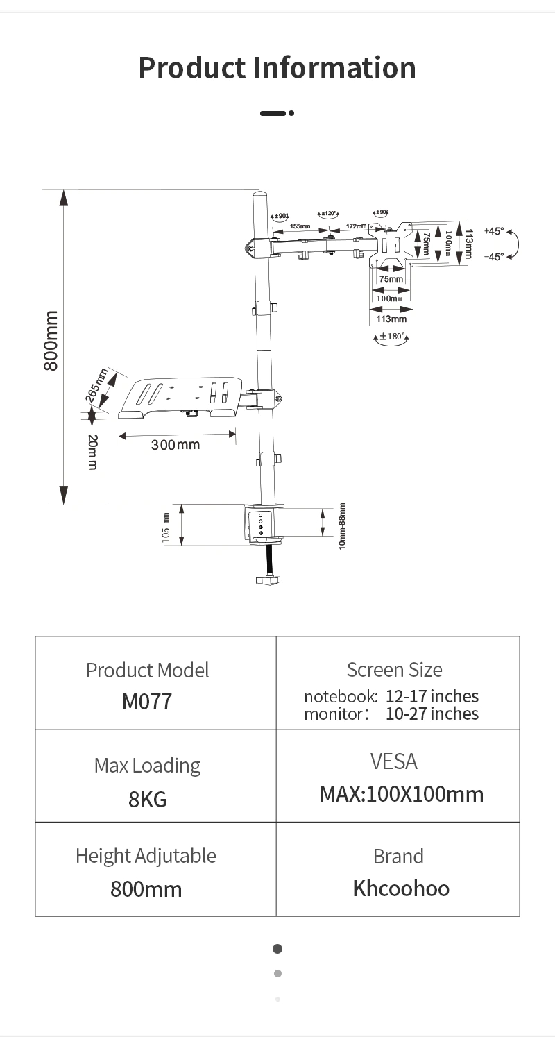Giá treo màn hình 17-32 Inch kèm giá đỡ Laptop M074, tải trọng 8kg, tay dài 38 cm, lắp đặt kẹp ...