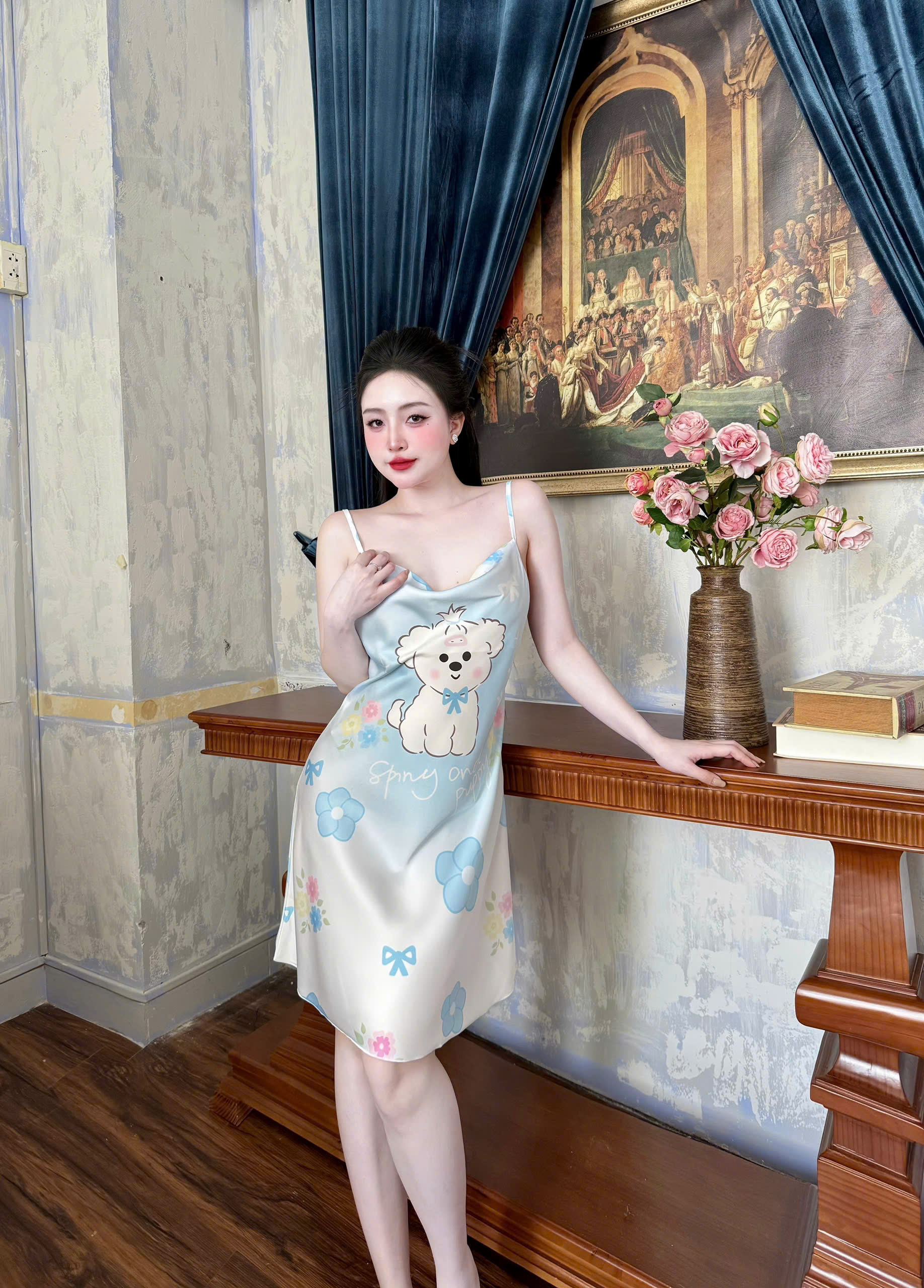 Đầm ngủ dây cổ đổ Vy Linh chất liệu lụa latin họa tiết 3D xinh xắn ...