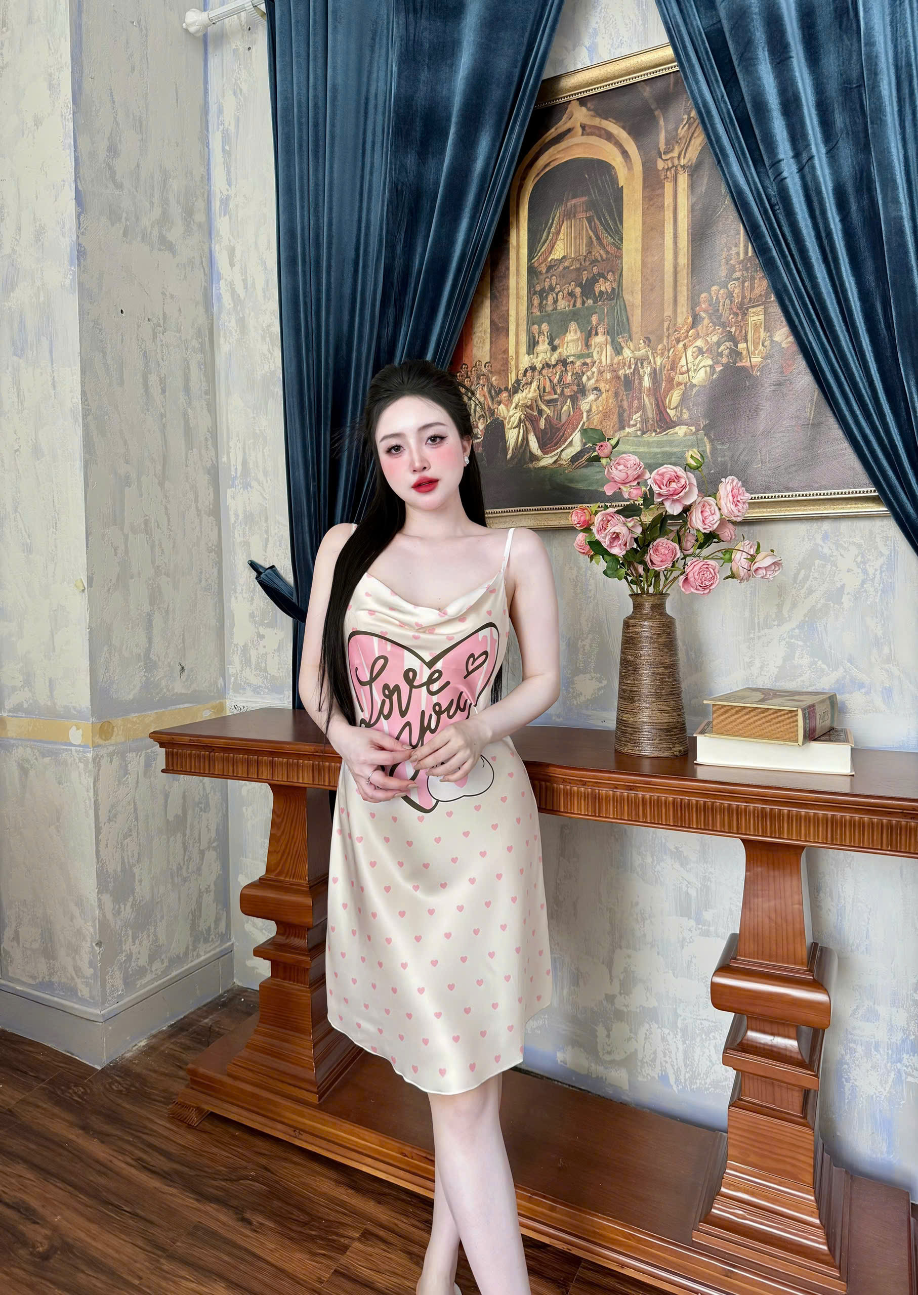 Đầm ngủ dây cổ đổ Vy Linh chất liệu lụa latin họa tiết 3D xinh xắn ...