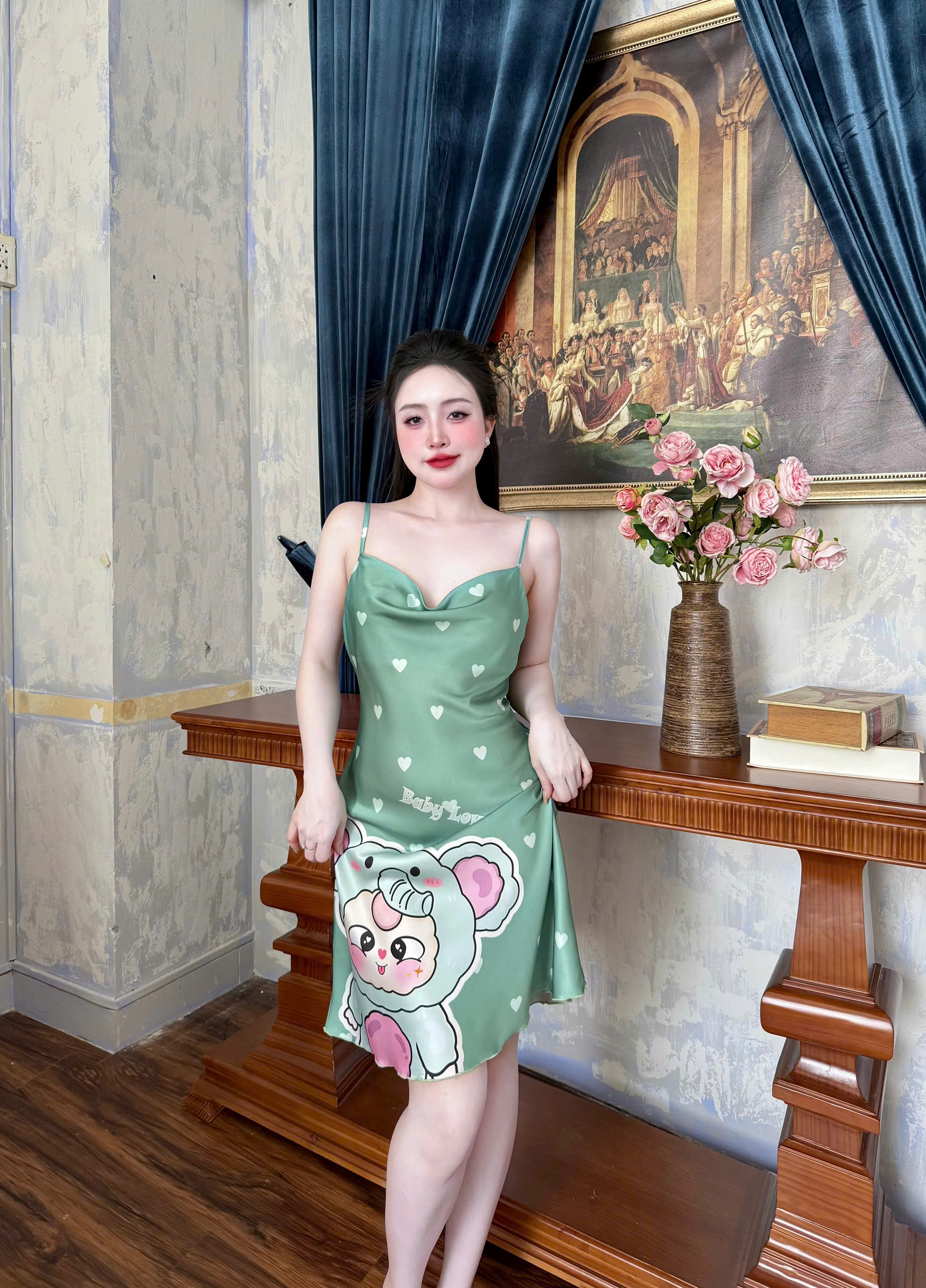 Đầm ngủ dây cổ đổ Vy Linh chất liệu lụa latin họa tiết 3D xinh xắn ...