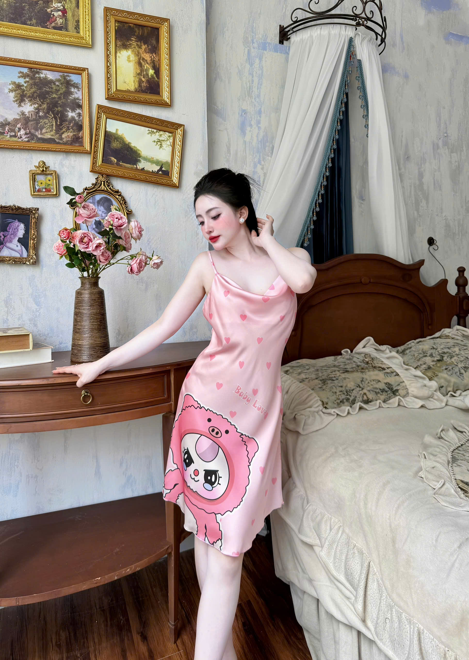Đầm ngủ dây cổ đổ Vy Linh chất liệu lụa latin họa tiết 3D xinh xắn ...
