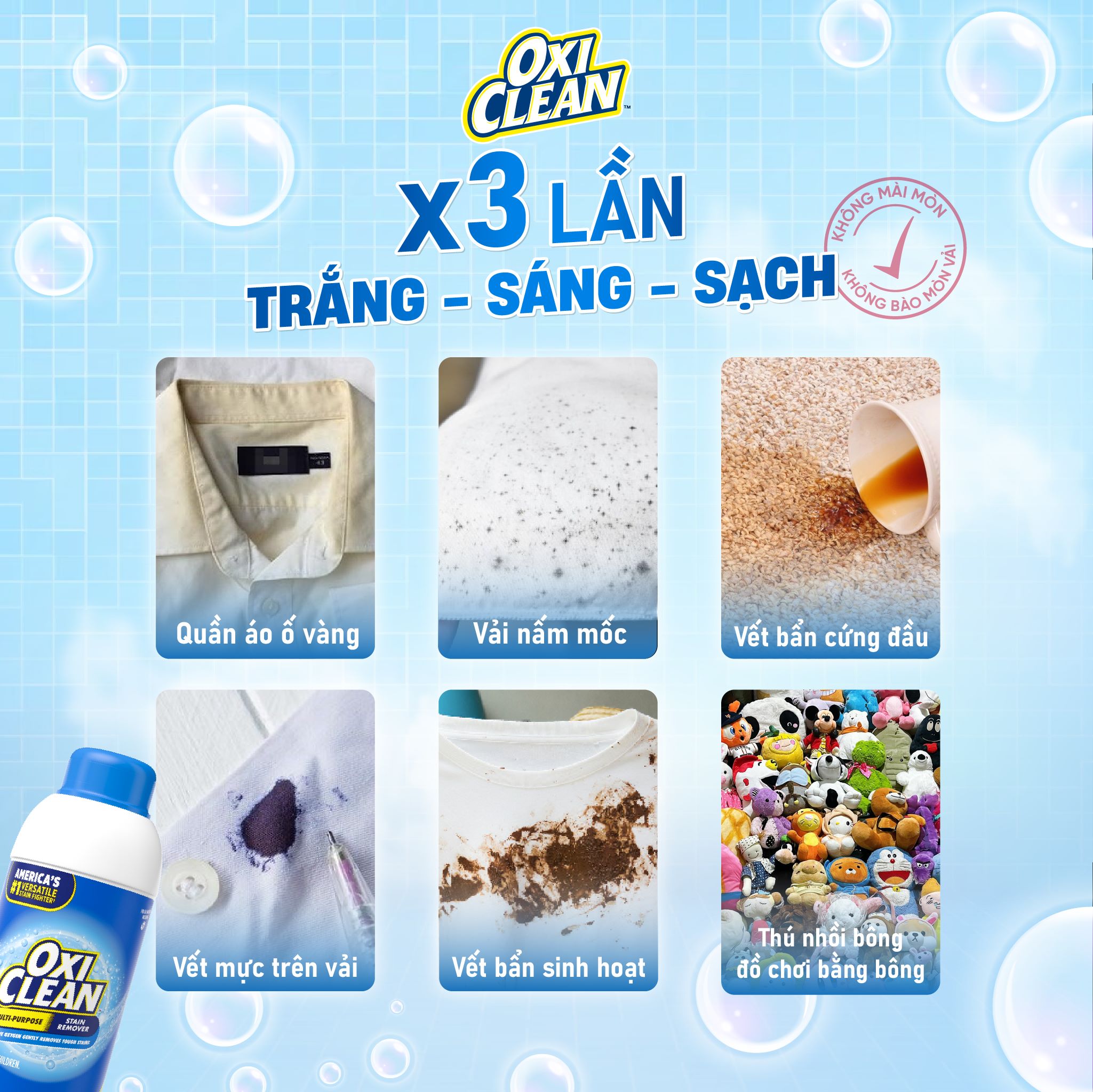 Bột tẩy quần áo Oxiclean giúp tẩy trắng vết bẩn ố vàng, vết bẩn lâu ngày, không làm phai màu ...