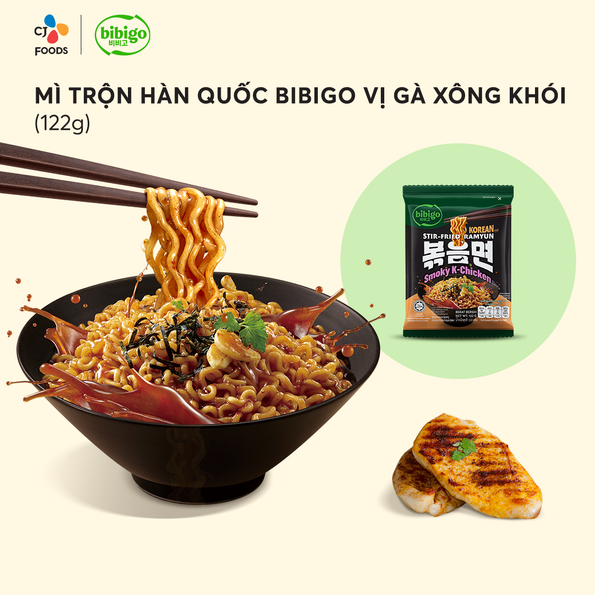 Mì trộn Hàn Quốc Bibigo vị Gà xông khói/ vị Kimchi (Gói 122g) | Shopee Việt Nam