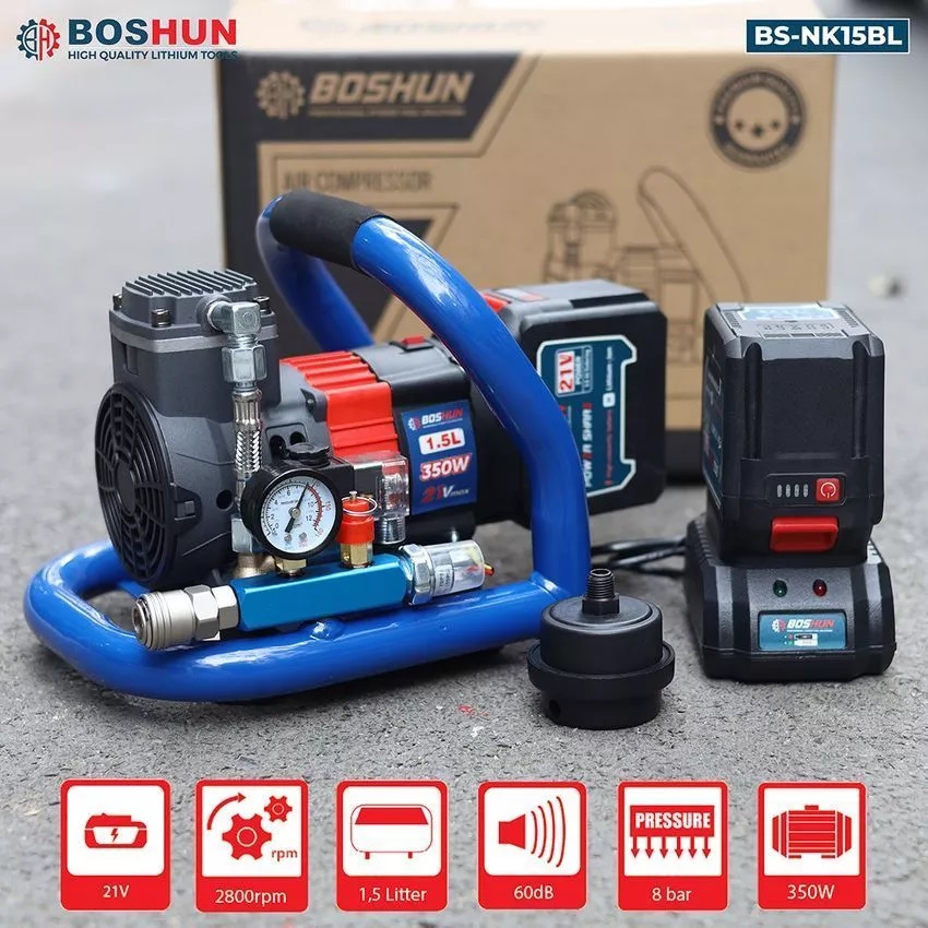 Máy nén khi pin mini BOSHUN BS-NK15BL, Không chổi than 350w 8 Bar, Chân Pin Thông Dụng | Shopee ...