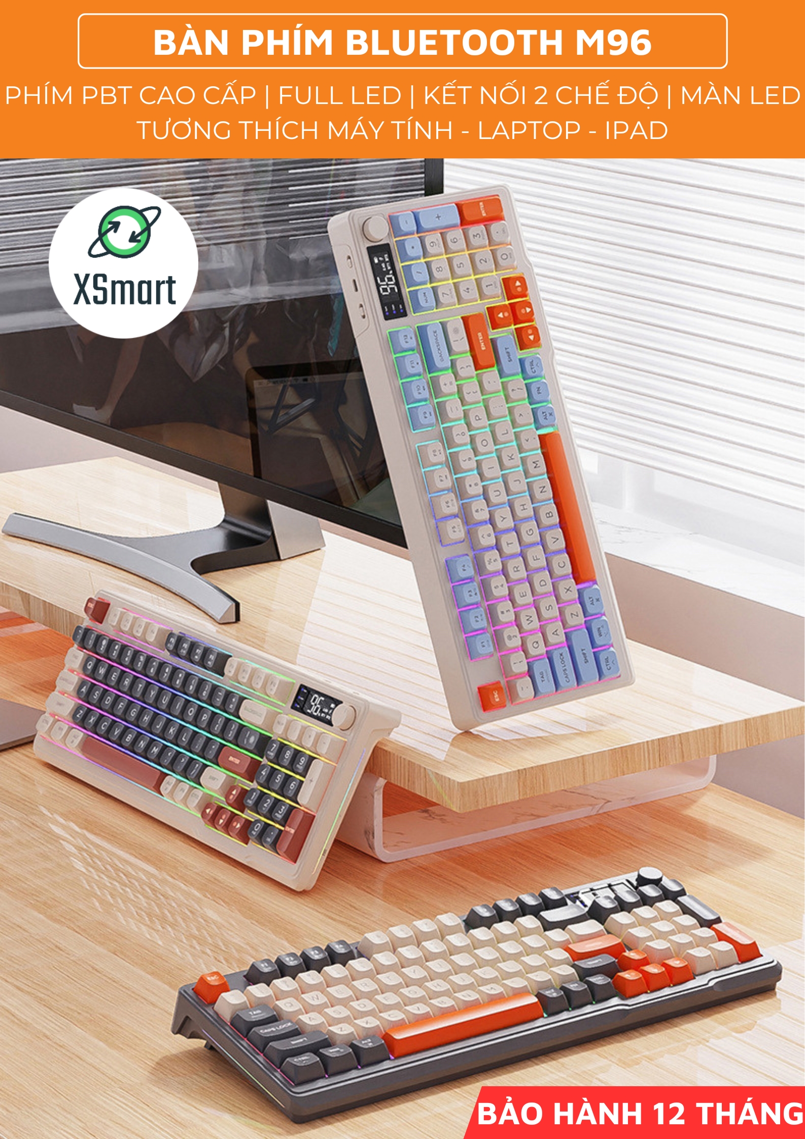 Bàn Phím Bluetooth Không Dây M96 NEW Keycap PBT, 2 Mode , Màn Hình, LED 7 Màu, Full Foam Gõ Êm ...