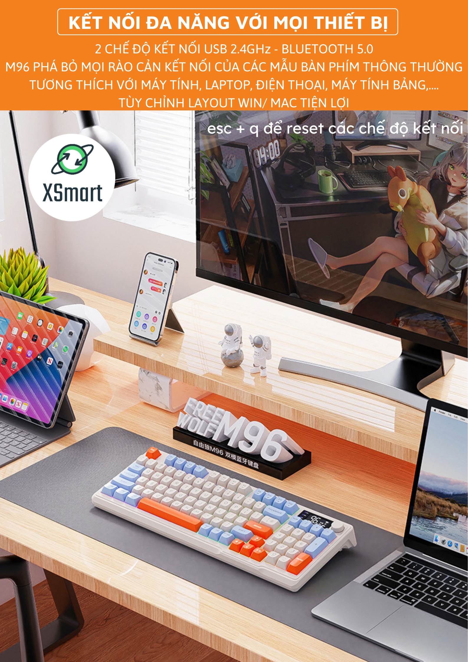 Bàn Phím Bluetooth Không Dây M96 NEW Keycap PBT, 2 Mode , Màn Hình, LED 7 Màu, Full Foam Gõ Êm ...