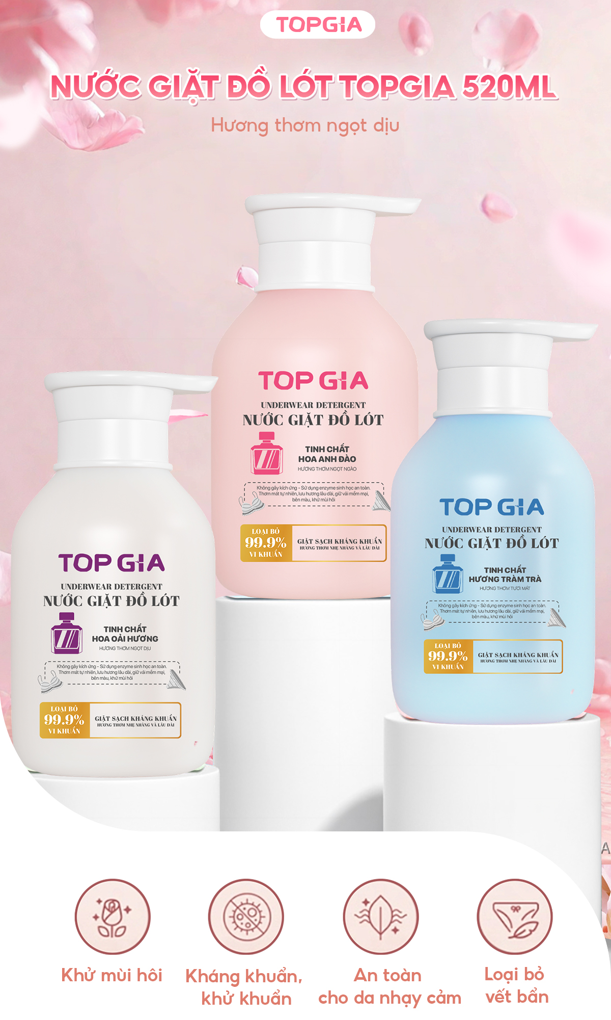 Nước giặt đồ lót sinh học TopGia khử mùi kháng khuẩn 99% an toàn với da nhạy cảm chai 520ml ...