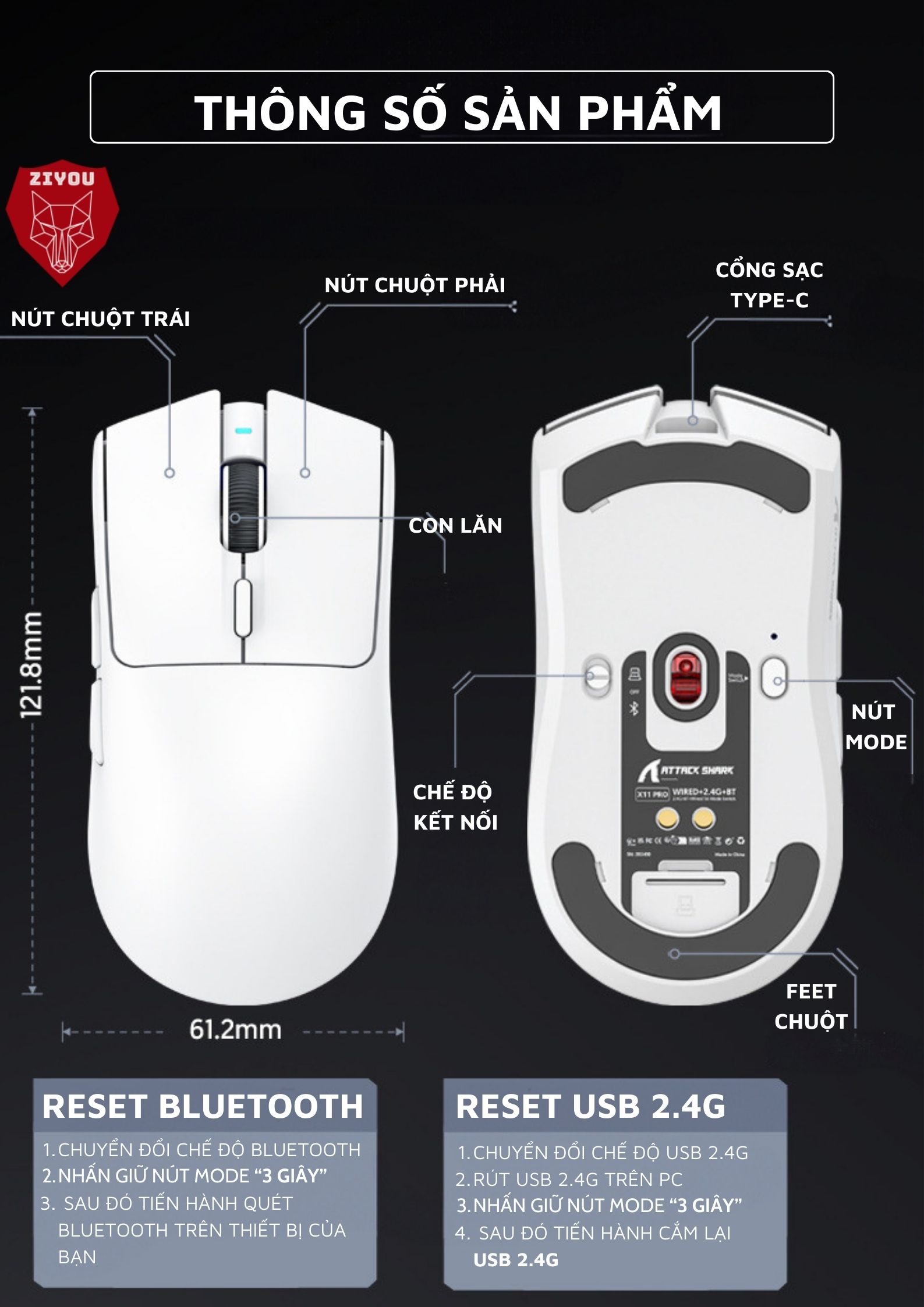 Chuột Gaming Không Dây Ziyou Attack Shark X1 Siêu Nhẹ 53g Chip PAW3395 ...