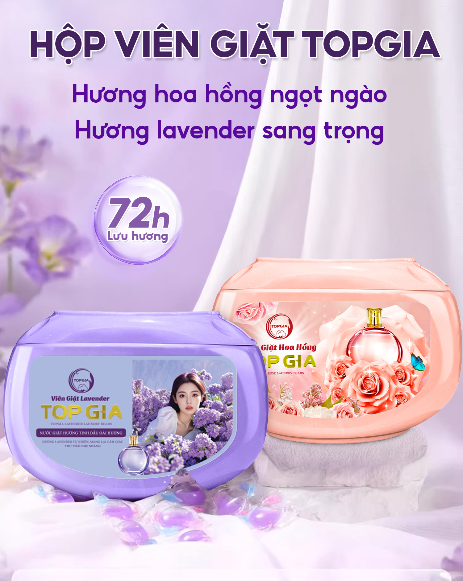 Viên giặt xả TopGia quần áo thơm lâu, hương hoa hồng và lavender, giặt ...
