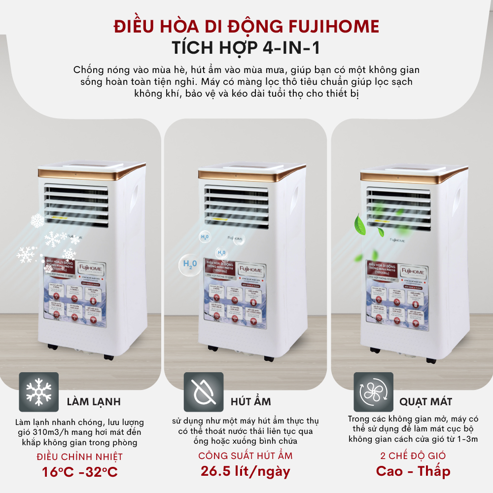Máy lạnh đứng di động nhập khẩu FUJIHOME PAC10 Công suất làm lạnh 10000BTU - Kết nối wifi từ xa ...