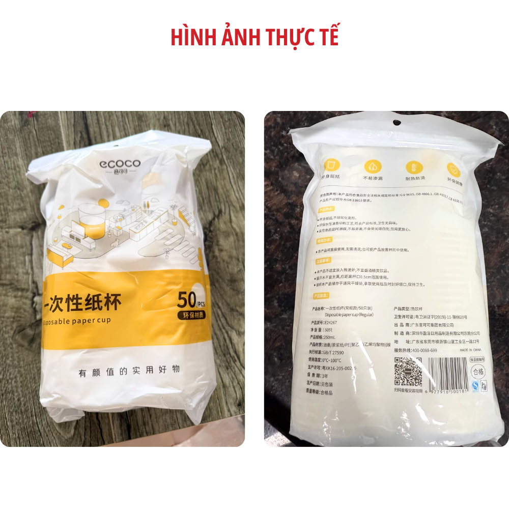 Set 50 cốc, ly giấy dùng 1 lần 250ml ECOCO chống bỏng cao cấp, chịu nhiệt lên đến 100 độ, an ...