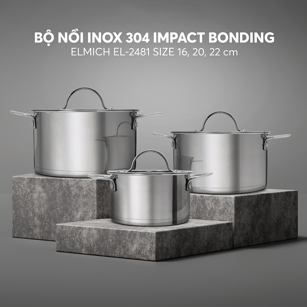 Bộ nồi Inox 304 Impact bonding EL-2481 Size 16, 20, 22cm | Shopee Việt Nam