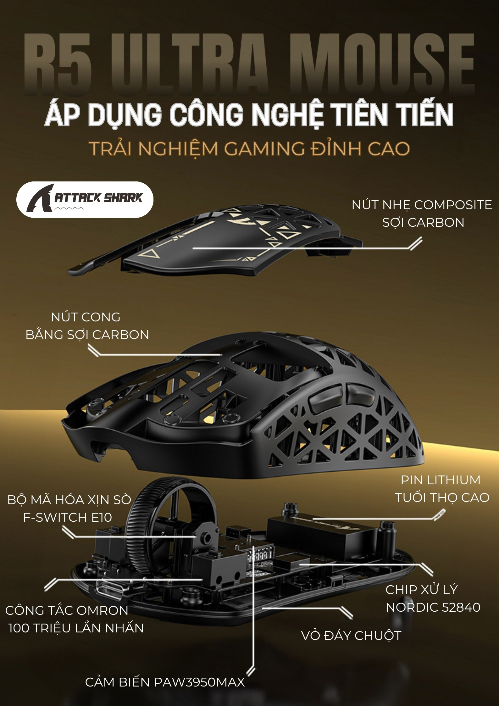 Chuột Gaming Attack Shark R5 Ultra - Siêu Nhẹ 39g, Polling 8KHz, PixArt ...