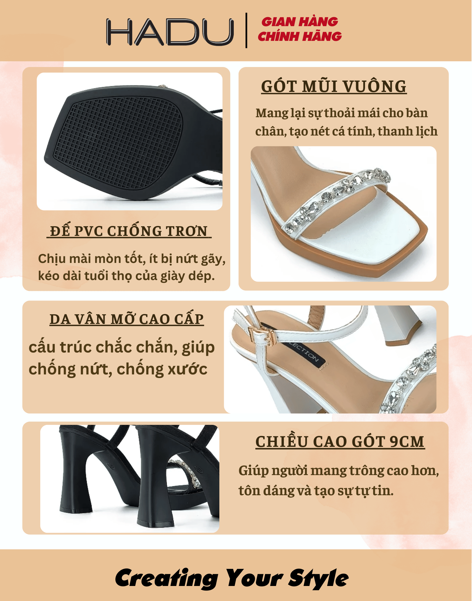 Giày Cao Gót 9P Đế Vuông Đúp Trước 2P Quai Ngang Đính Đá CALIA HADU M969 Da Cao Cấp Đế Chống ...