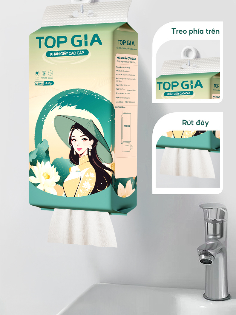 Khăn giấy rút treo tường TopGia Sắc Việt 1280 tờ, giấy vệ sinh dành cho gia đình Việt, tặng móc ...