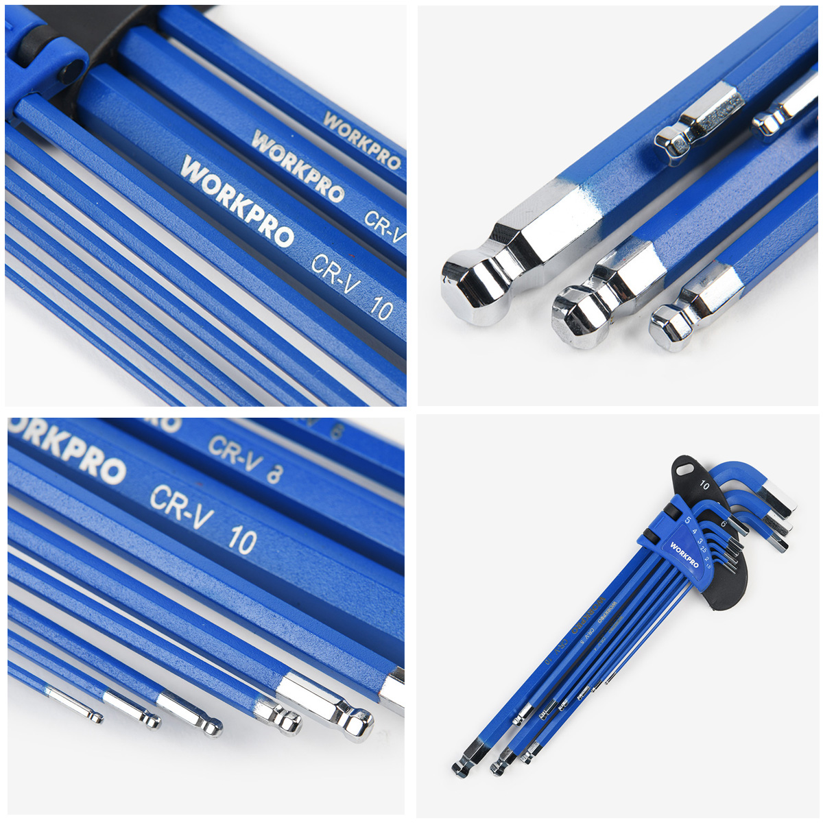 Bộ lục giác đầu bi kiểu L Workpro - WP222011, 9 cái hệ mét (1.5,2,2.5,3,4,5,6,8,10mm) thép CR-V ...