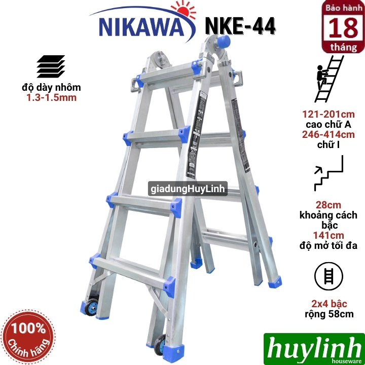 Thang nhôm gấp - trượt đa năng Nikawa NKB-44 - 2x4 bậc - chữ A Max 201 cm, Chữ I Max 414 cm ...