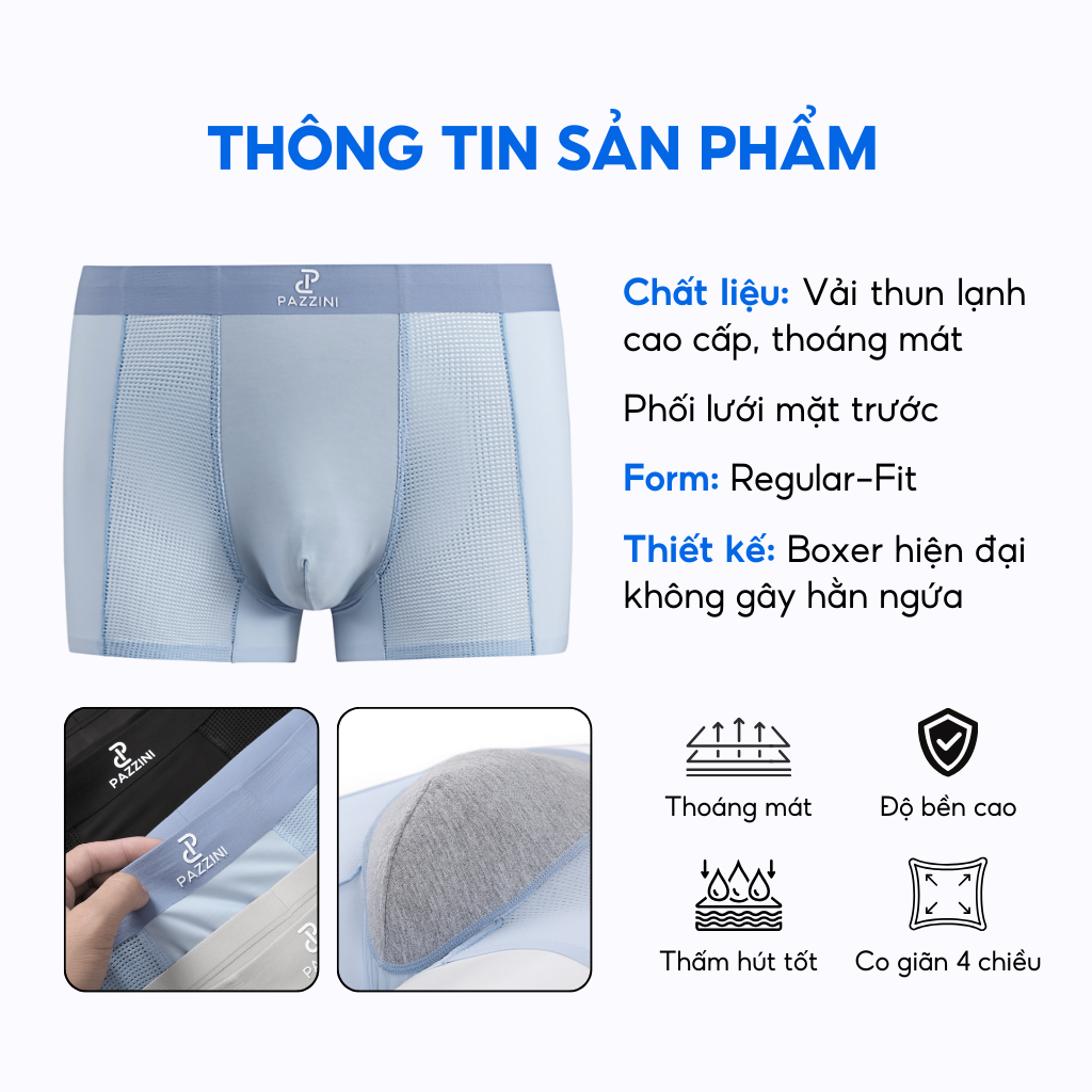 Combo 5 quần lót nam boxer PAZZINI phối lưới thun lạnh kháng khuẩn ...