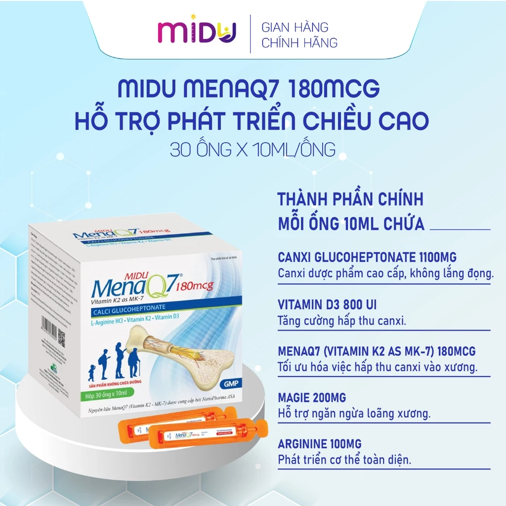 Tăng chiều cao Midu MenaQ7 180mcg bổ sung canxi, vitamin d3k2 giúp ...