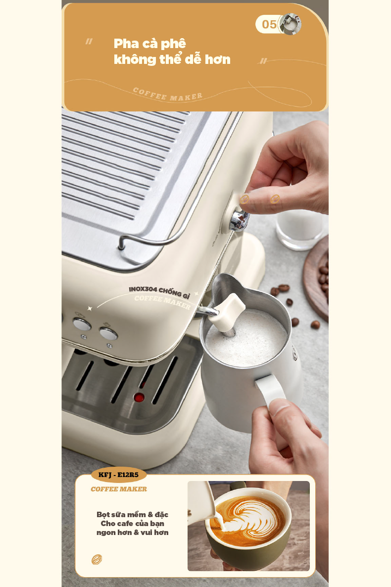 Máy pha cà phê Espresso tự động Bear KFJ-E12R5, 950W, 20Bar, tạo bọt sữa, Cho gia đình, BH 18 ...