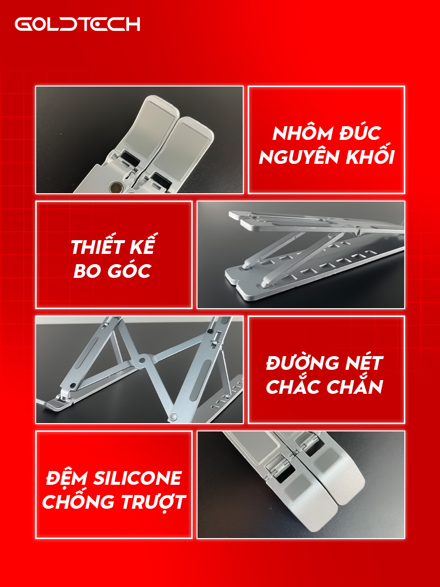 Giá đỡ LAPTOP, MACBOOK, IPAD GOLDTECH N3 bằng nhôm có thể điều chỉnh được độ cao, đế tản nhiệt ...