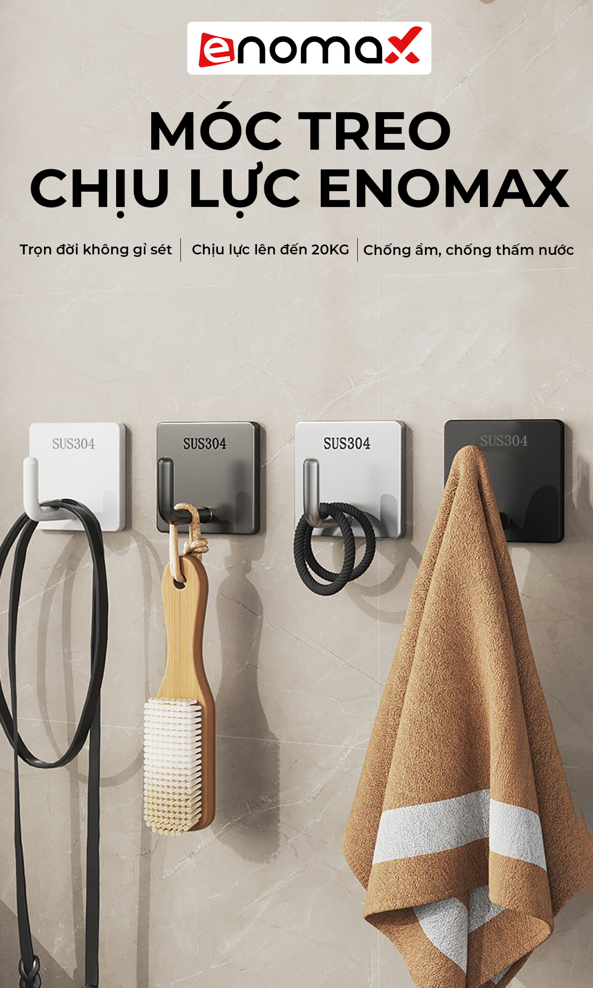 Móc dán tường chịu lực siêu dính ENOMAX, chất liệu inox 304, lắp đặt ...