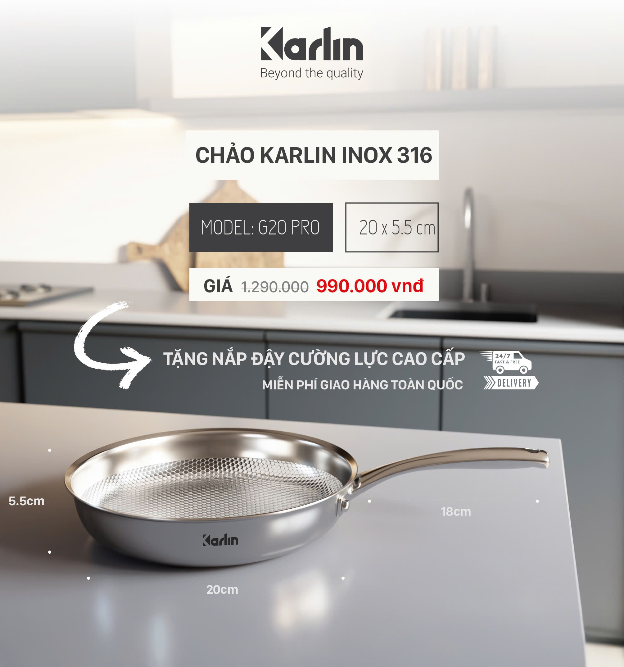 Karlin ra mắt chảo inox G26 pro, G20, G24 có vân lục giác dập nổi mới ...
