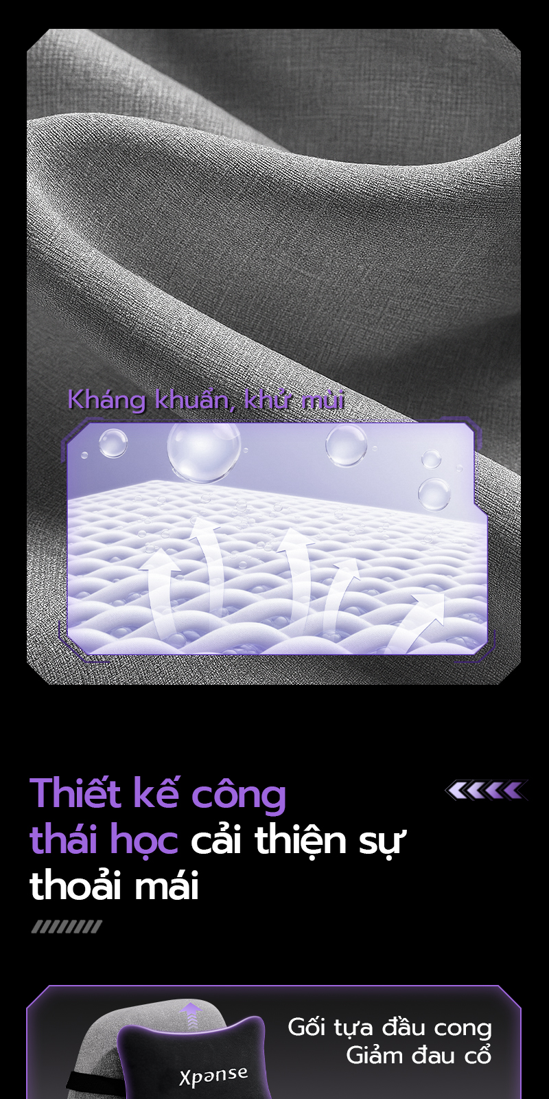 Ghế gaming Xpanse 003 – Ghế chơi game công thái học, đệm không cánh nâng cấp, vải Nano-Tech, tựa ...