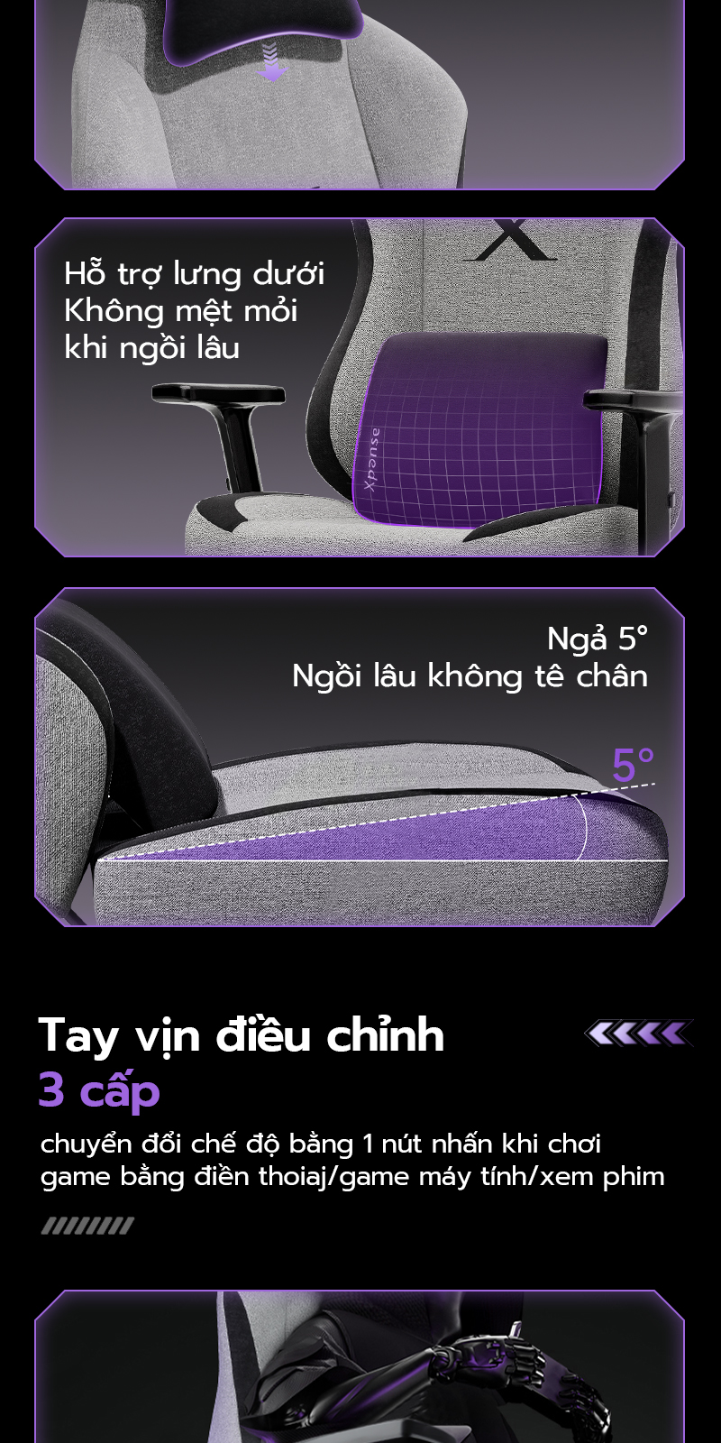 Ghế gaming Xpanse 003 – Ghế chơi game công thái học, đệm không cánh nâng cấp, vải Nano-Tech, tựa ...
