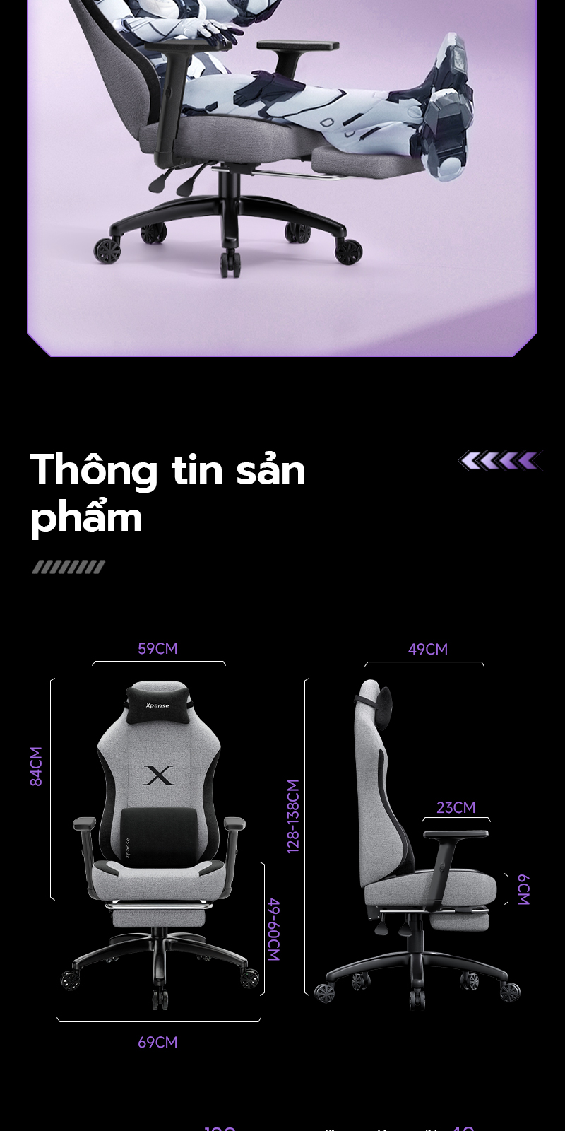 Ghế gaming Xpanse 003 – Ghế chơi game công thái học, đệm không cánh nâng cấp, vải Nano-Tech, tựa ...