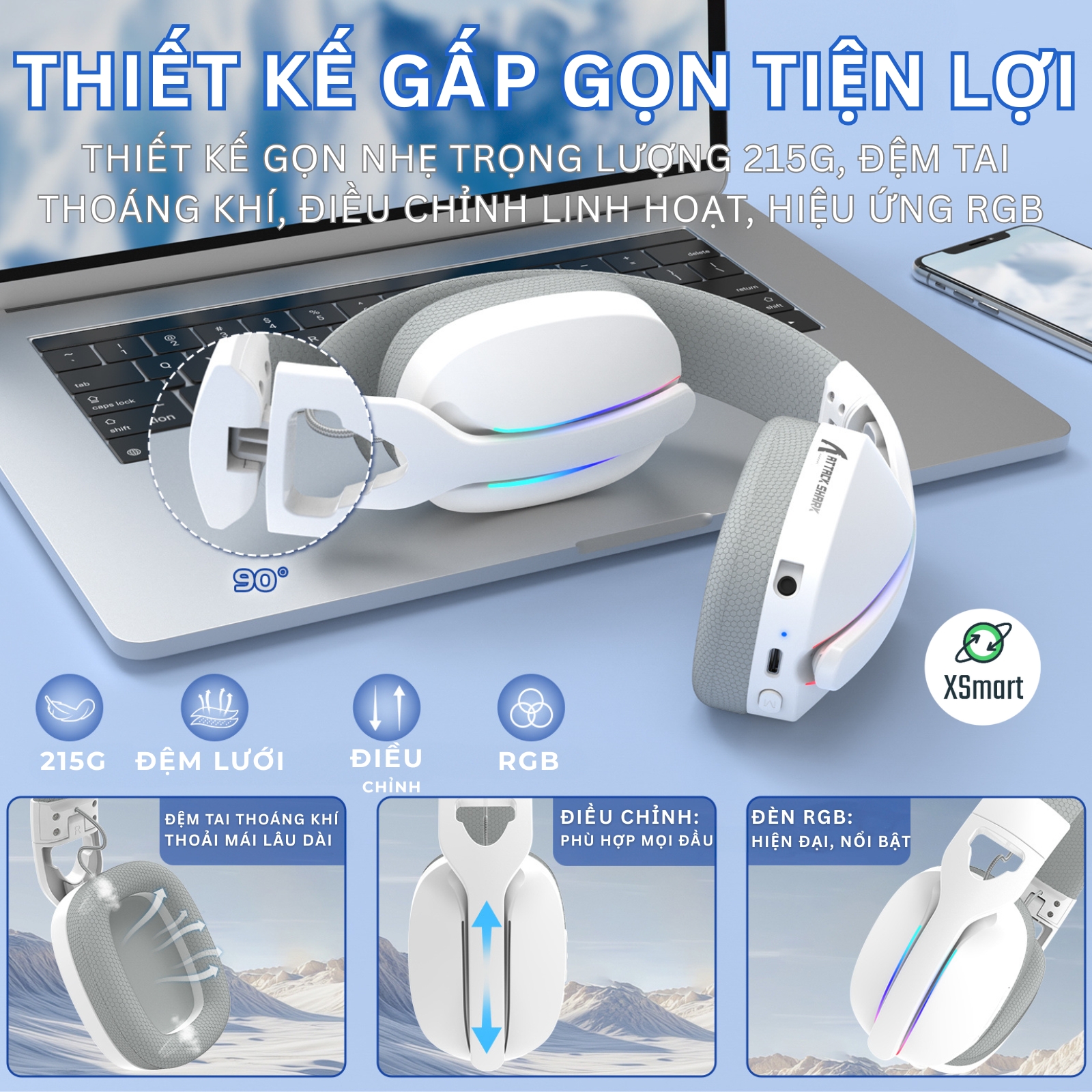 Tai Nghe Gaming Chụp Tai Không Dây Attack Shark L90 LED RGB Micro, Bluetooth 5.3, App Macro, Pin ...