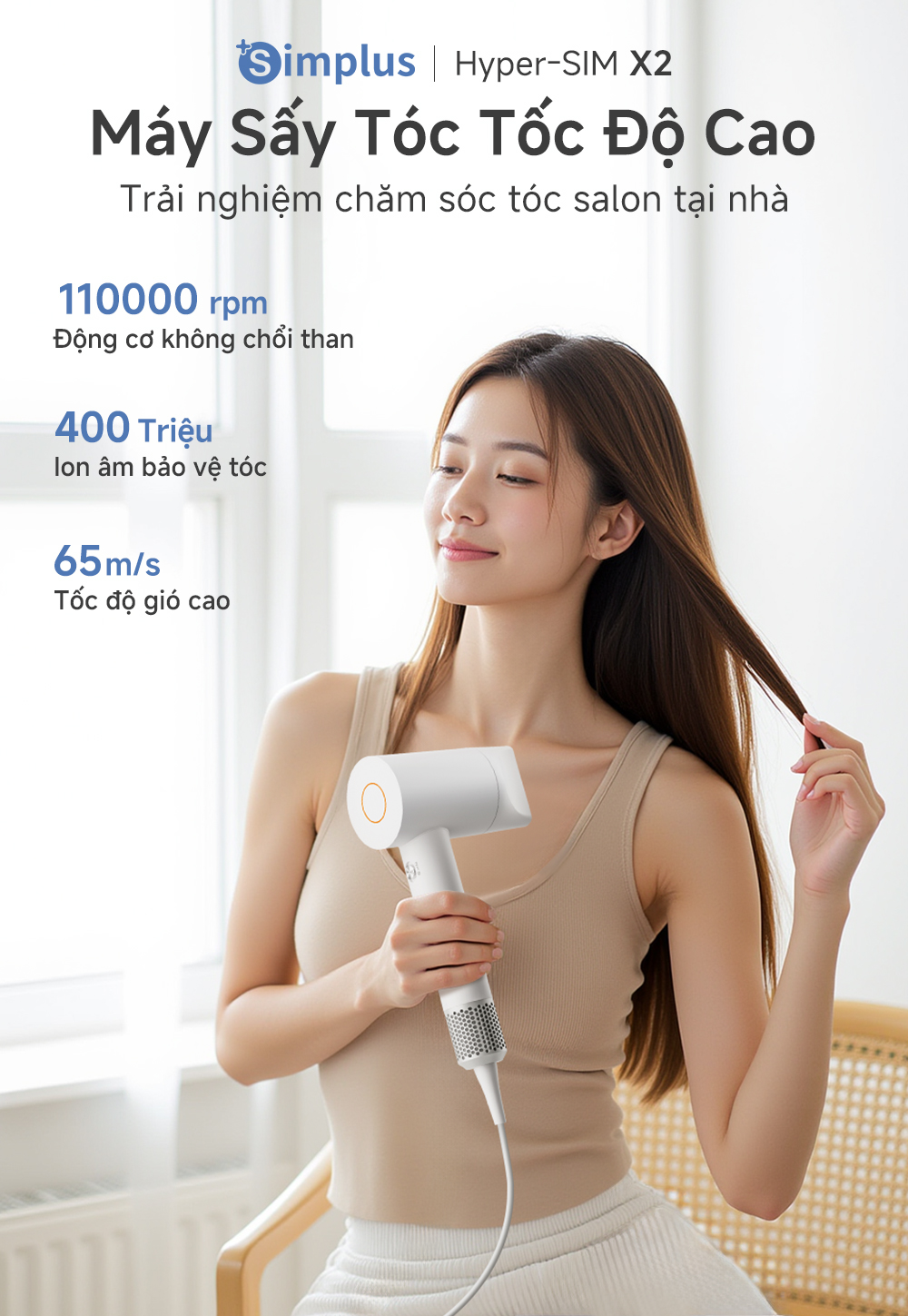 Máy Sấy Tóc Simplus Hyper-SIM X2 Tốc độ gió cao 65m/s 3 Mức Nhiệt 2 Tốc Độ Gió 400 Triệu Ion Âm ...