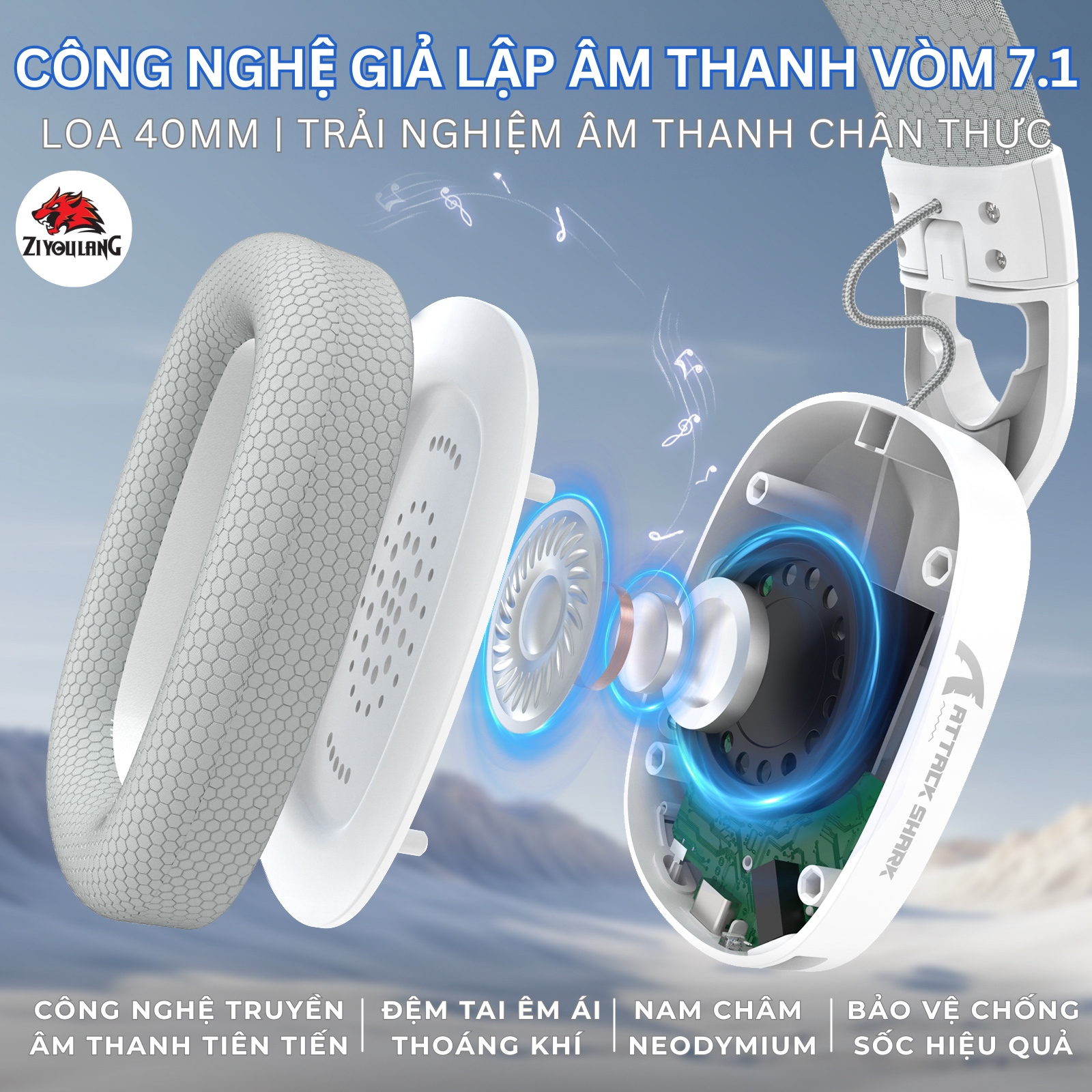 Tai Nghe Không Dây Attack Shark L90 - 3 Mode Kết Nối, Âm Thanh Vòm 7.1, LED RGB, Micro Chống Ồn ...