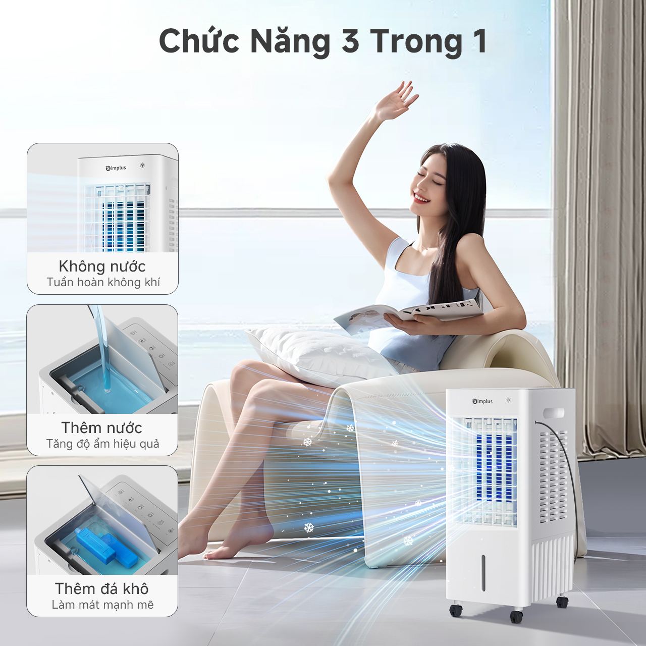 Simplus Pink Quạt làm mát Quạt điều hòa cho gia đình Bình nước 10L Điều khiển từ xa Quạt điều ...