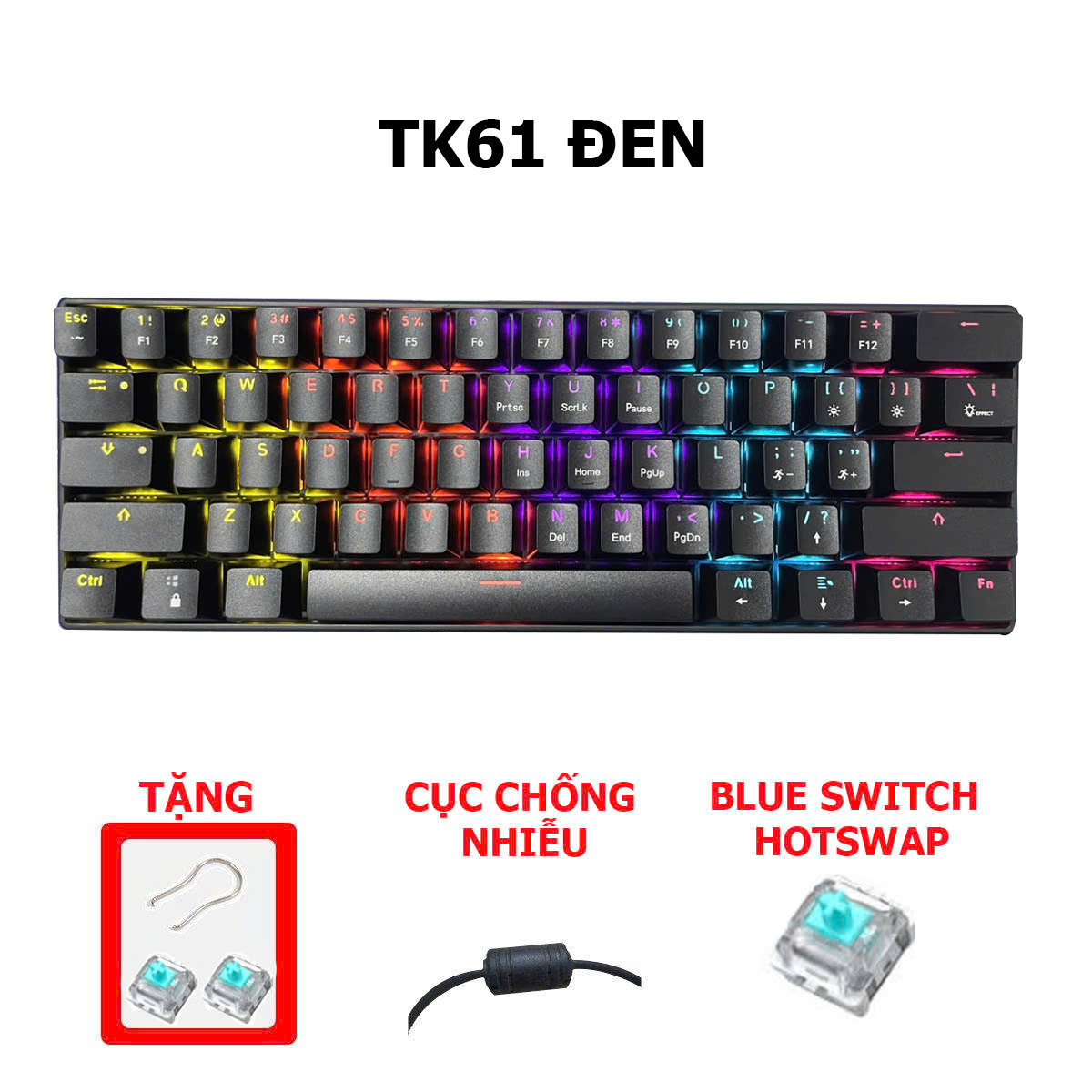 BBàn phím cơ Tiroshi mini rút gọn, bàn phim rút gọn LED Rainbow nhiều ...