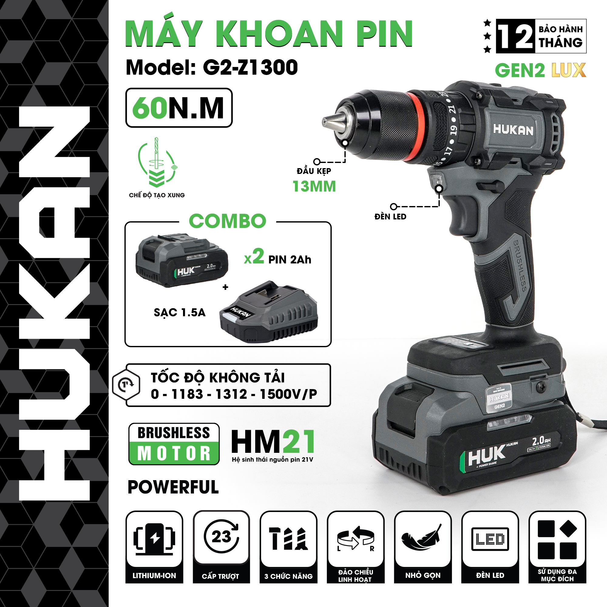 Máy khoan pin HUKAN Z1300,Lực siết 60Nm,Có chức năng tạo xung,Đầu autolock-khoá trục,Không chổi ...