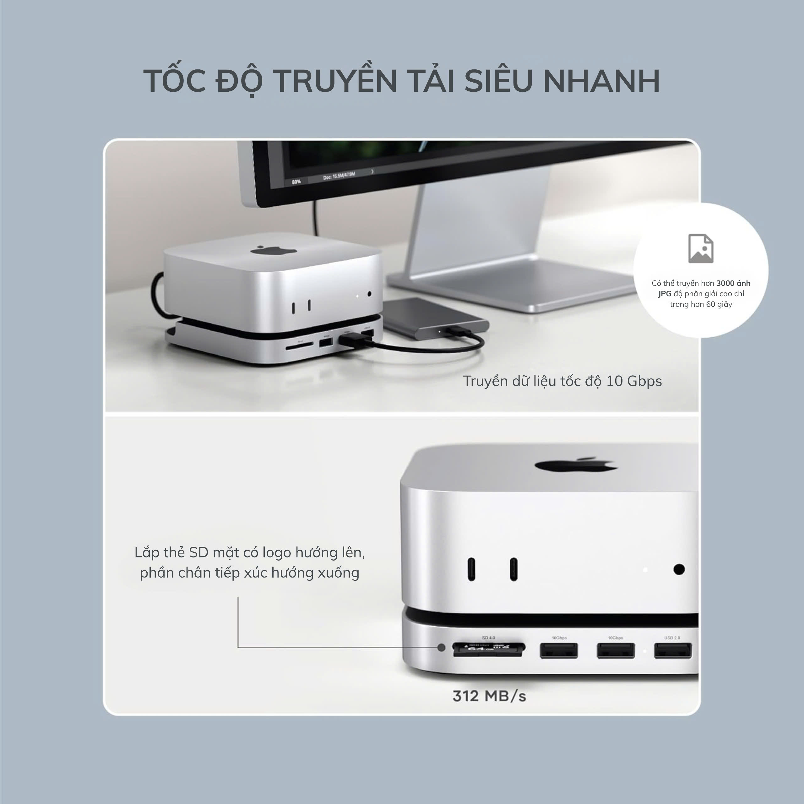 Satechi Hub cho Mac Mini M4 Có Khe SSD NVMe, 2xUSB A 10Gbps, Cổng dữ ...