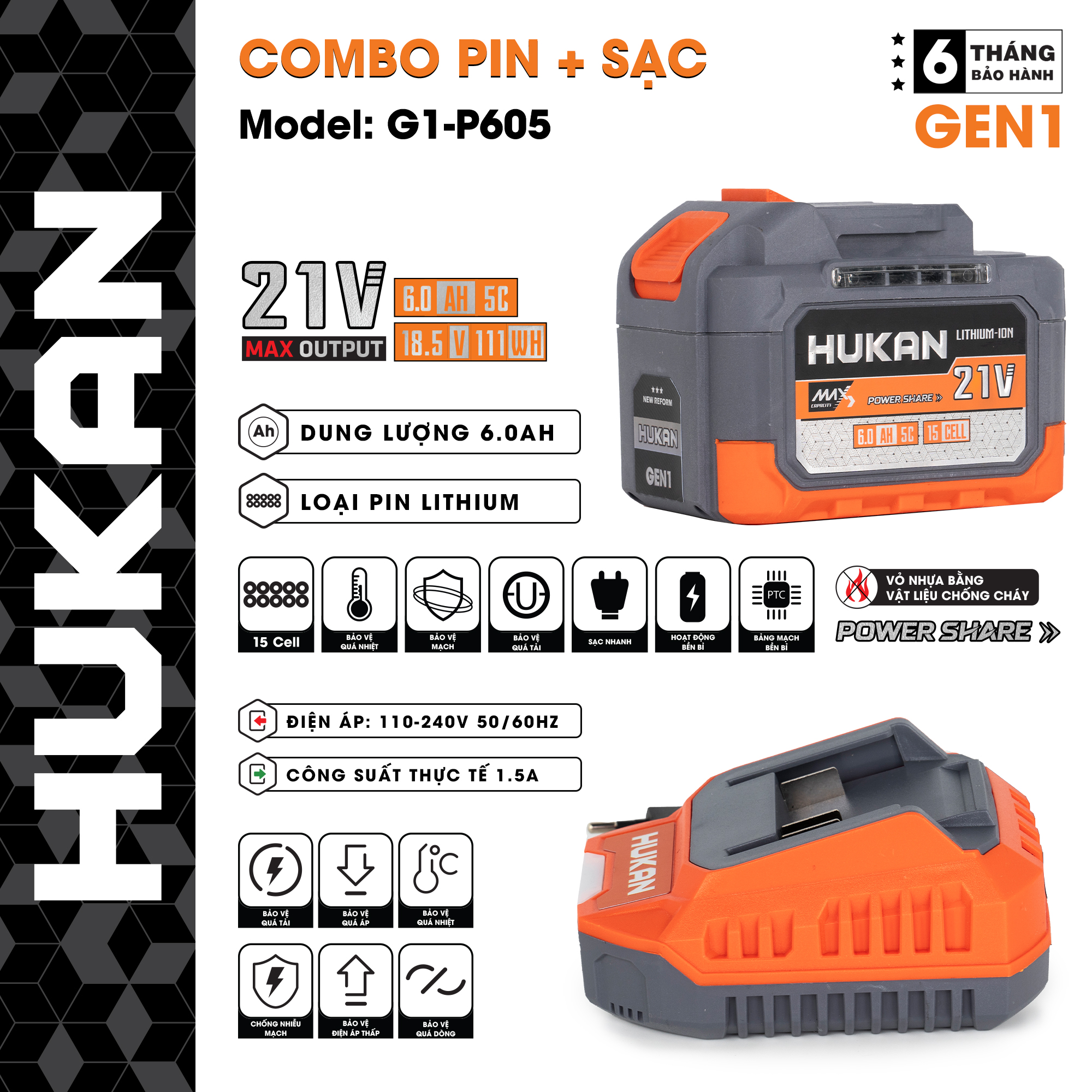 Pin máy khoan HUKAN 6A, Combo Pin+Sạc HUKAN G1-P605, Pin 15cell 6A Và ...