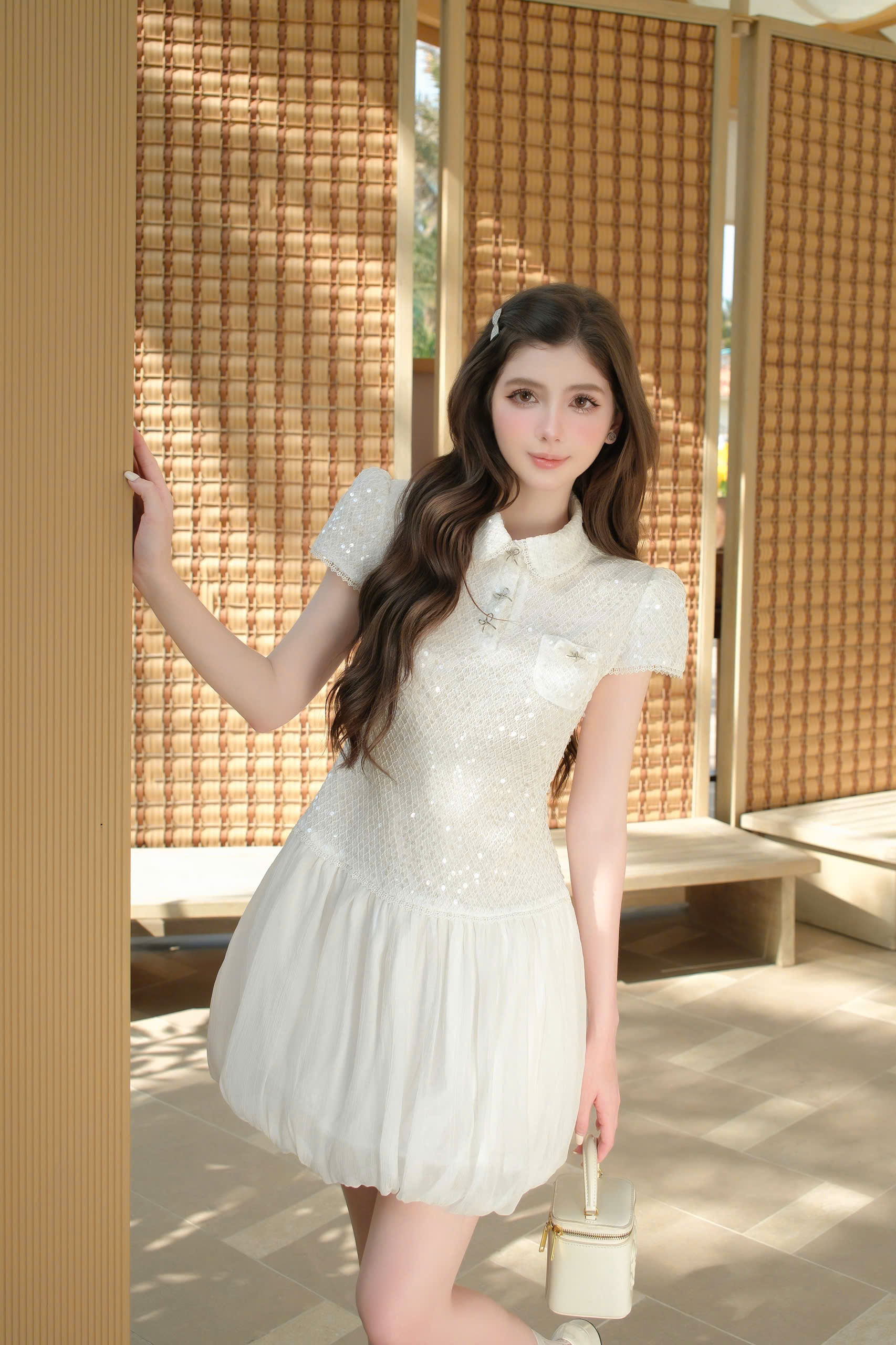 GERME Váy tiệc nữ Suzzy dress gấu tùng bí vải kim sa sang chảnh, Đầm thiết kế cổ sơ mi túi ngực ...