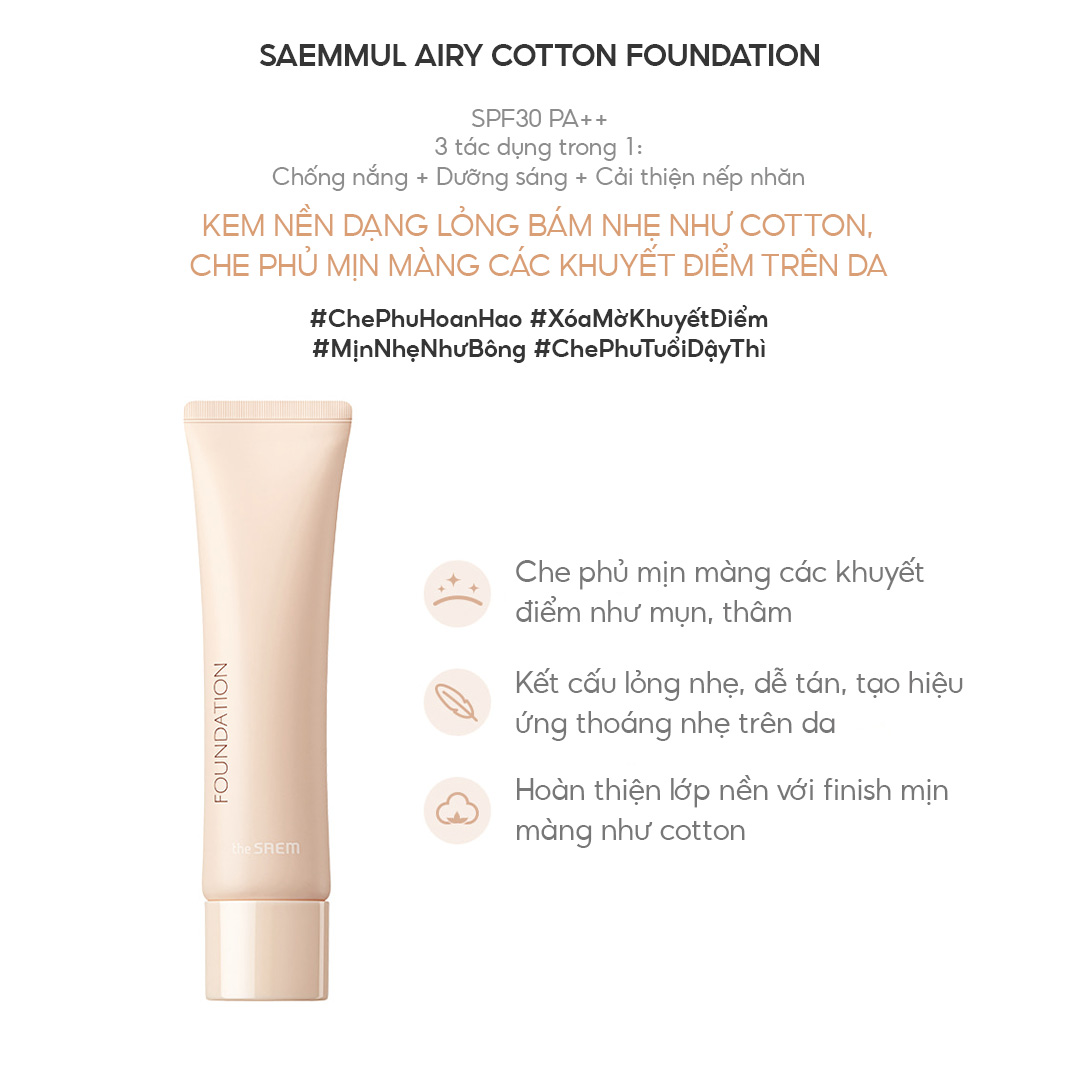 [THE SAEM] Kem Nền Chống Nắng THE SAEM Saemmul Airy Cotton Foundation SPF30/PA++ (30g) | Shopee ...