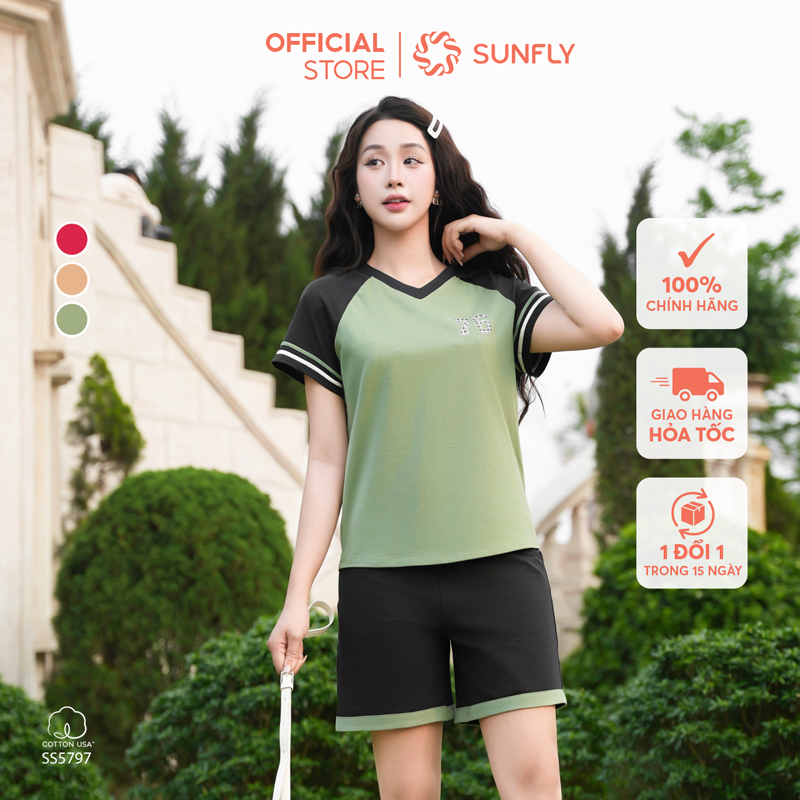 Bộ thể thao nữ cotton SUNFLY áo cộc quần sooc SS5797 | Shopee Việt Nam