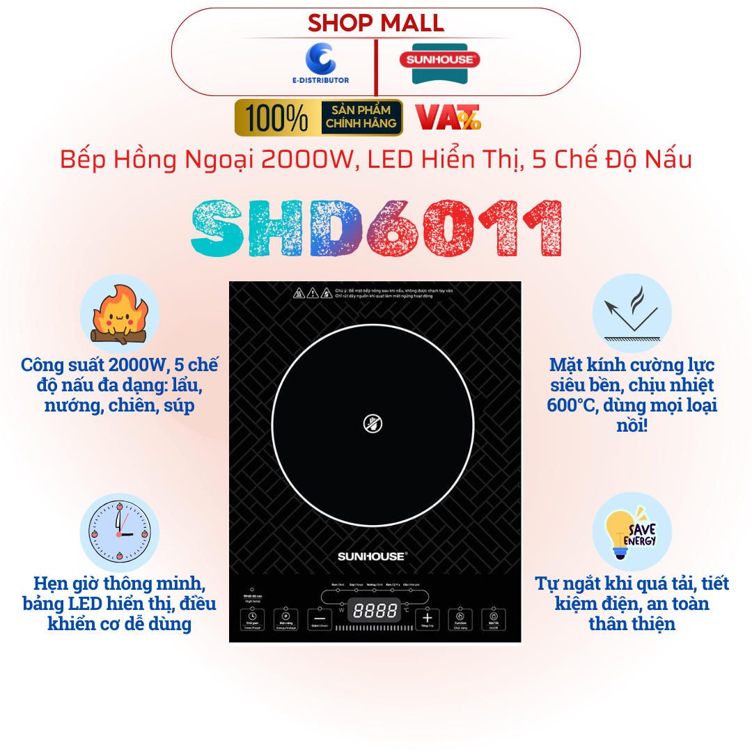 [HỎA TỐC] Bếp hồng ngoại SUNHOUSE SHD6011 - Công suất 2000W - Mặt kính ...